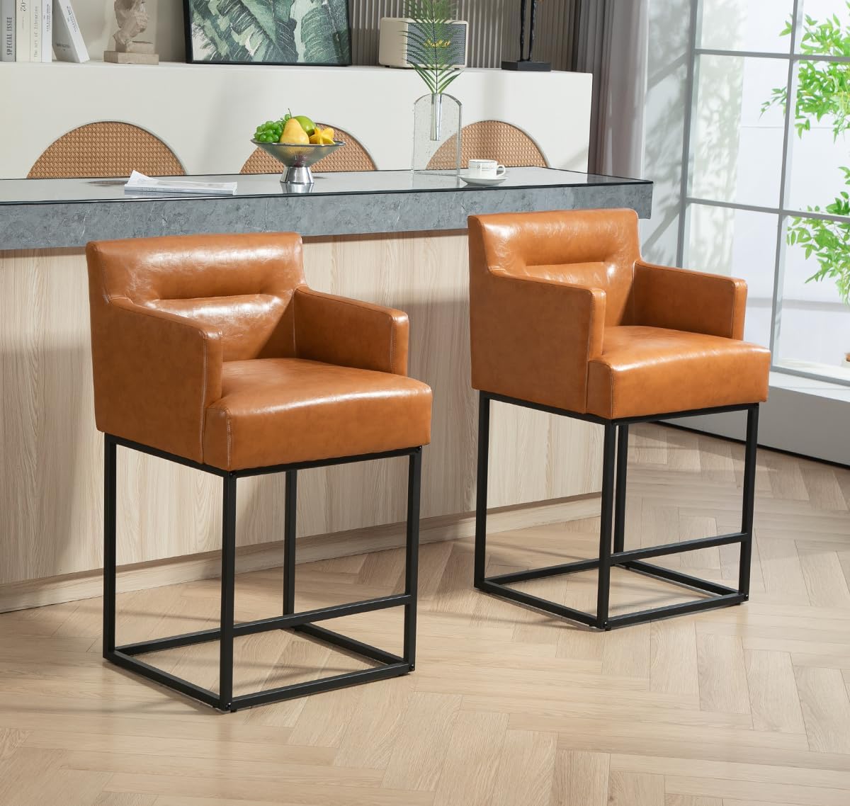 26" Counter Height Bar Stools Set of 2, PU Leather Upholstered Accent ...
