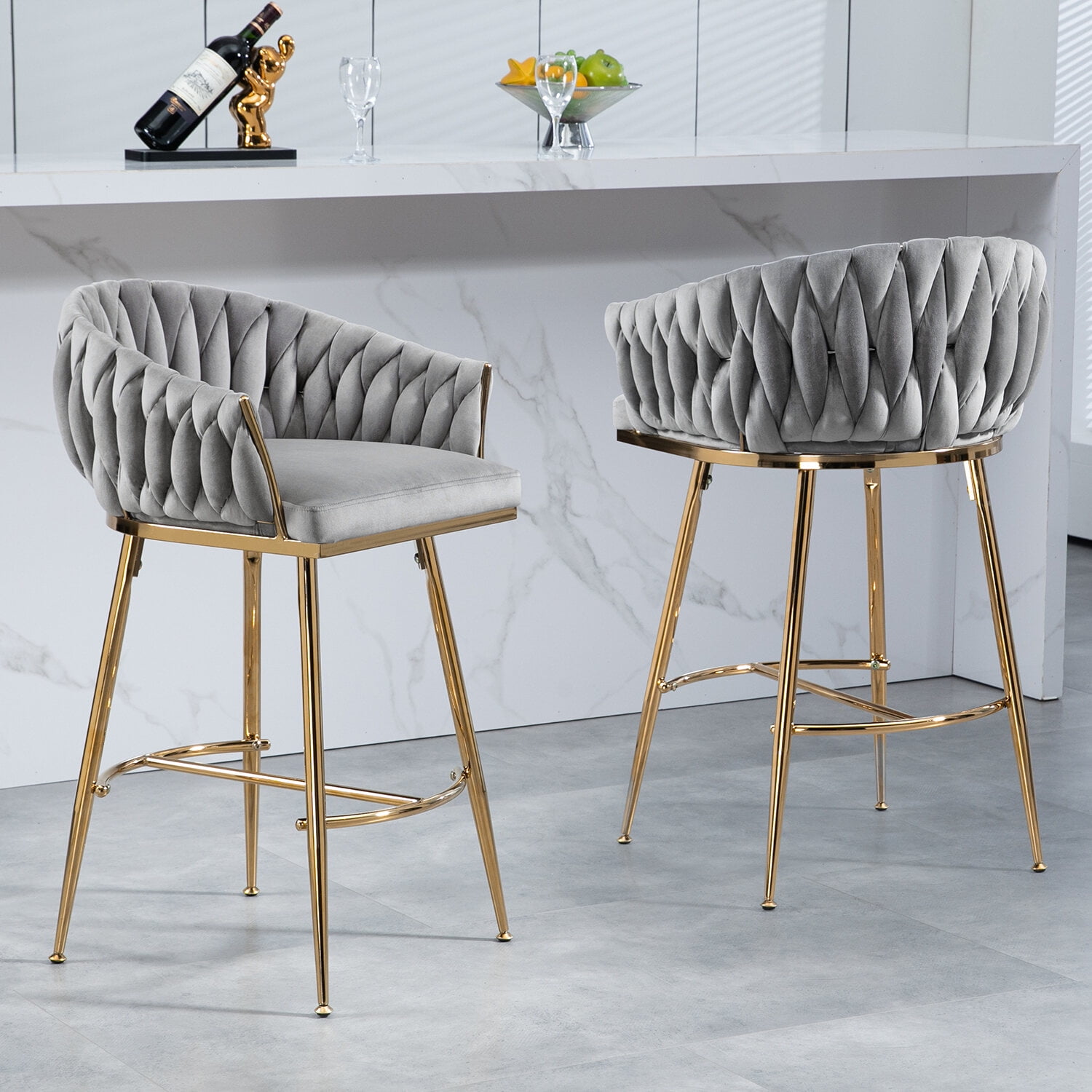 26'' Counter Height Bar Stools Set Of 2,Velvet Kitchen Island Counter ...