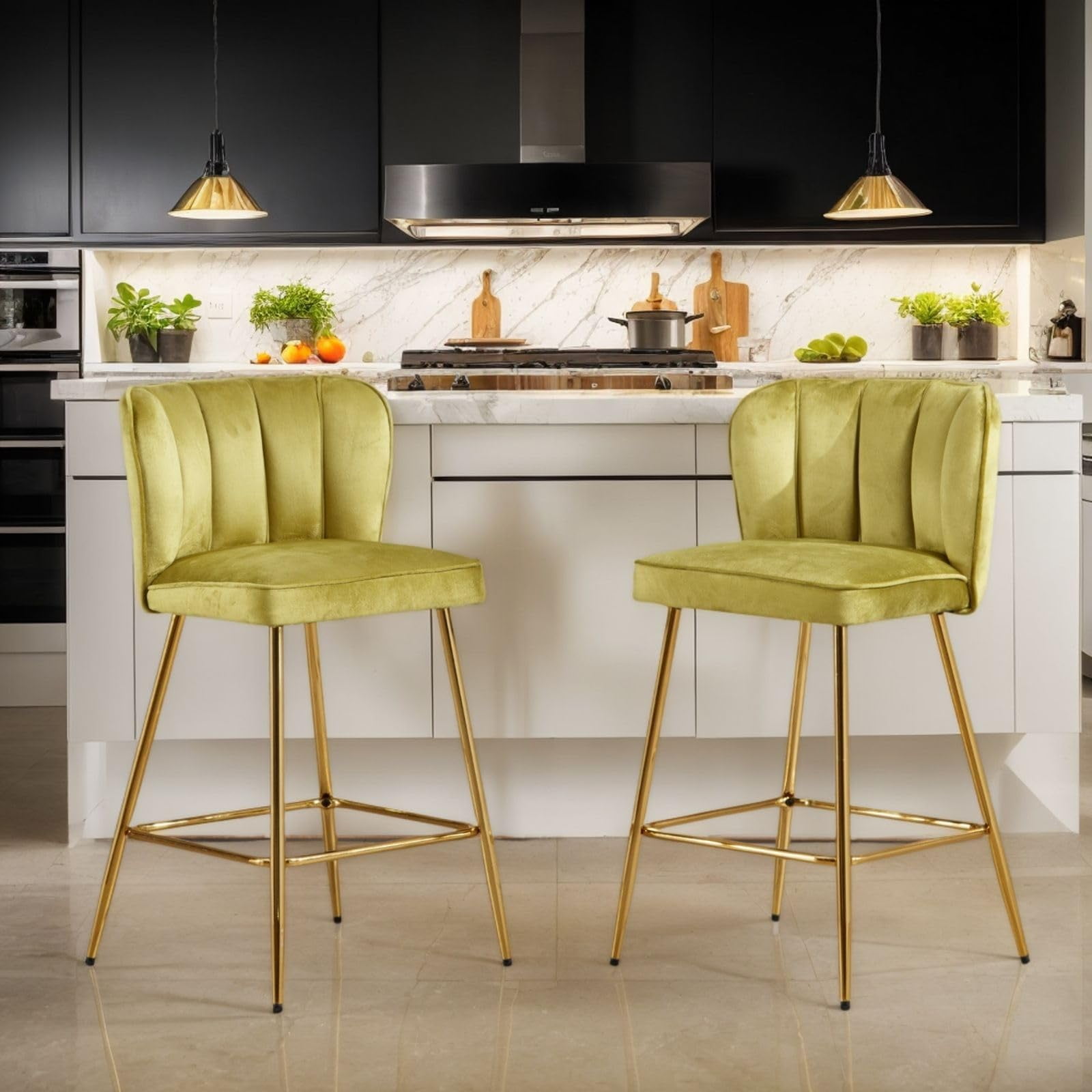 26" Counter Height Bar Stools Set of 2, Velvet Upholstered Kitchen ...