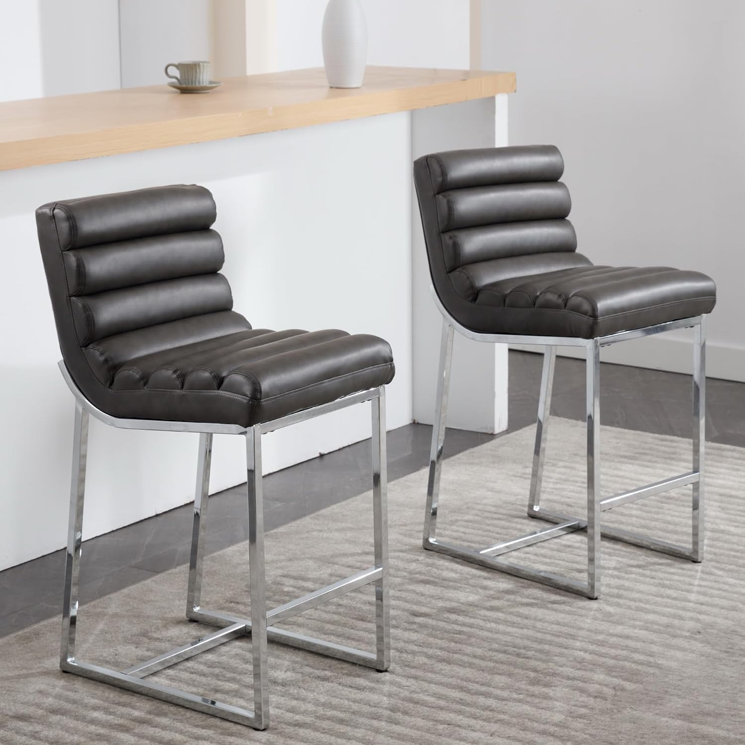 26" Counter Height Bar Stools Stools Set of 2 with Back Faux Leather ...