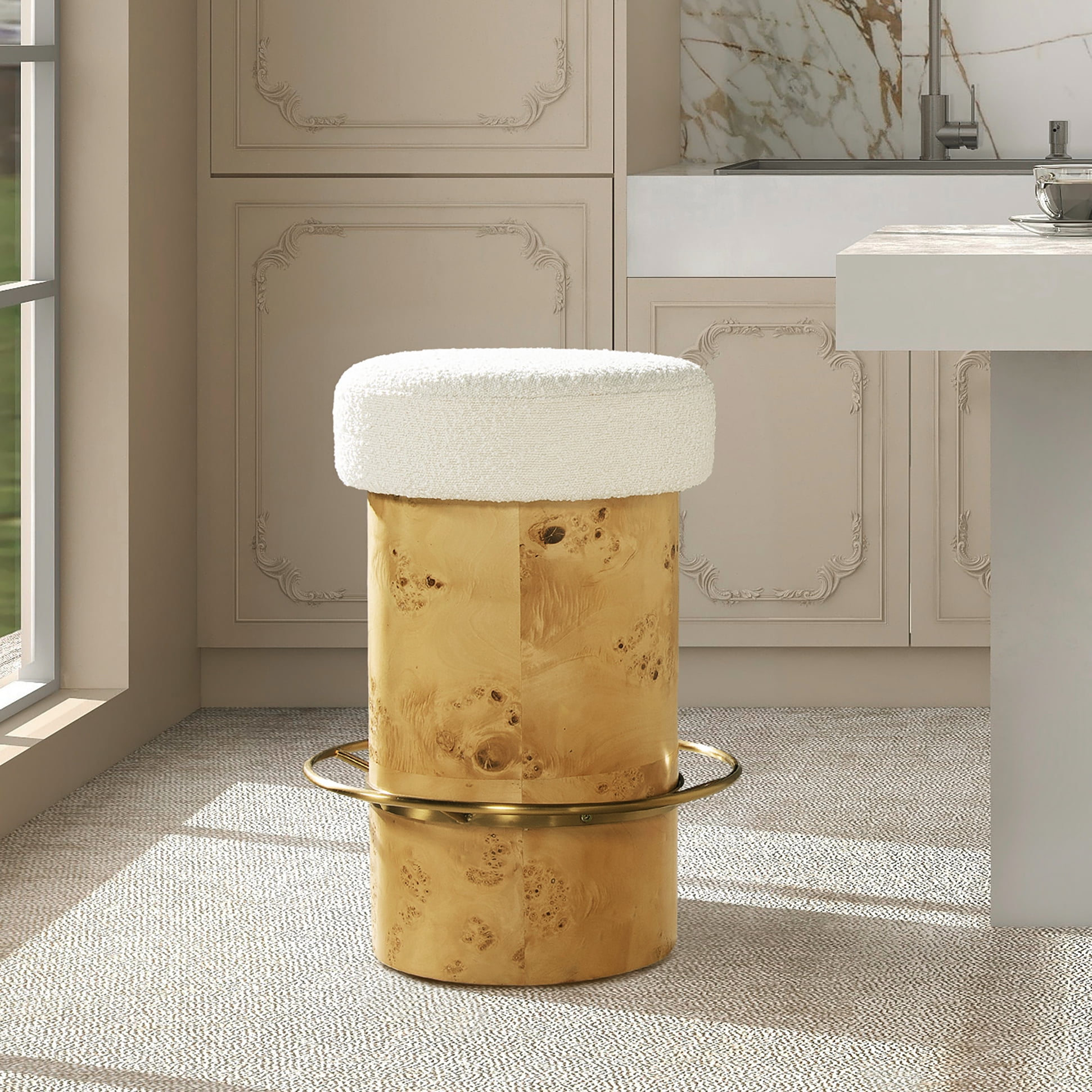 26" Counter Stool With Burl Wood Base - White Boucle Upholstery Seat ...