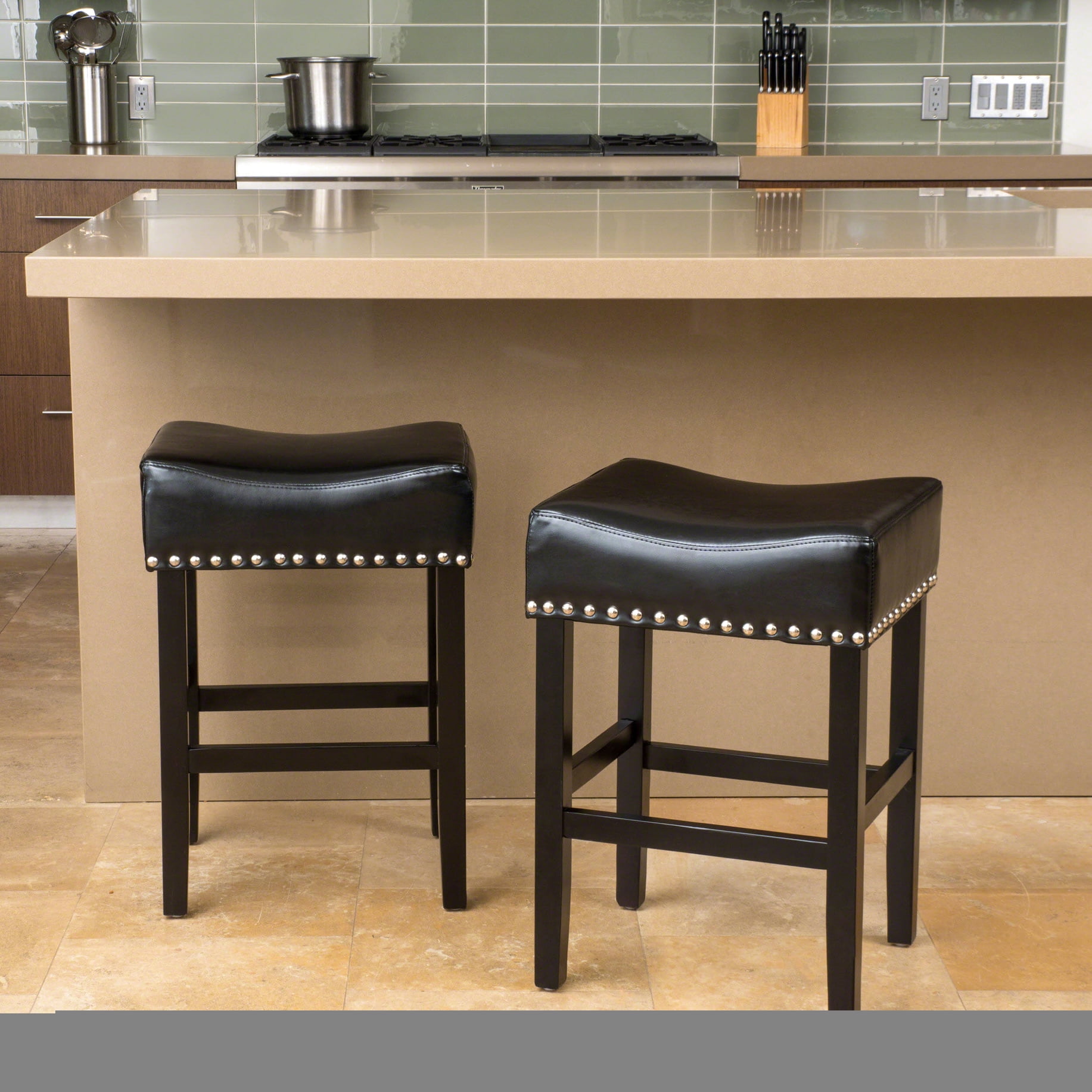 26" Counter Stools, 2 Black . Bonded Leather, Cushioned Comfort ...