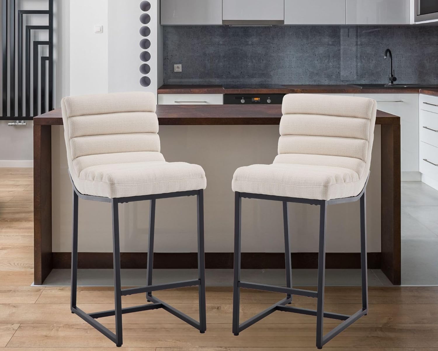 26‘’ Counter Stools with Backs Kitchen Bar Stools Set of 2 Linen Fabric ...