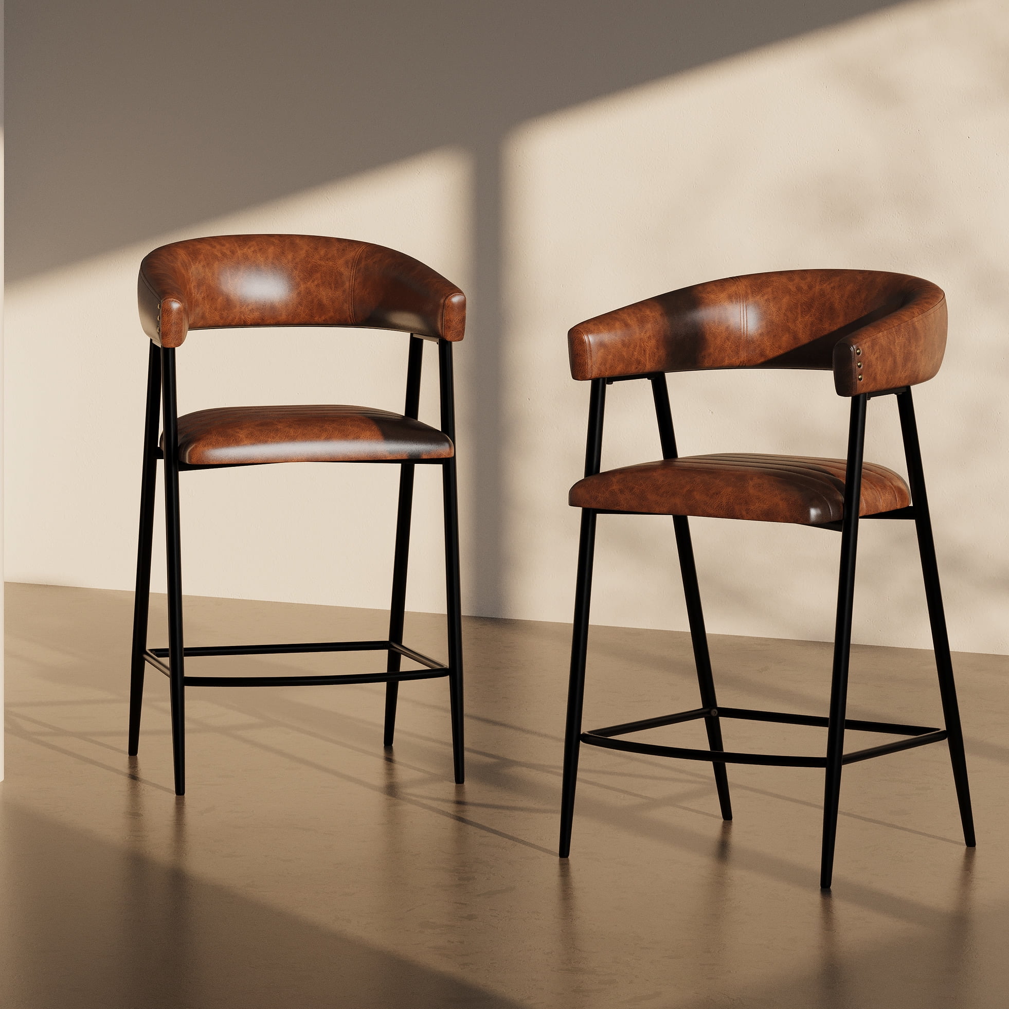 26'' Counter Stools Of 2, Pu Upholstered Iron Stools, Brown & Footrest ...