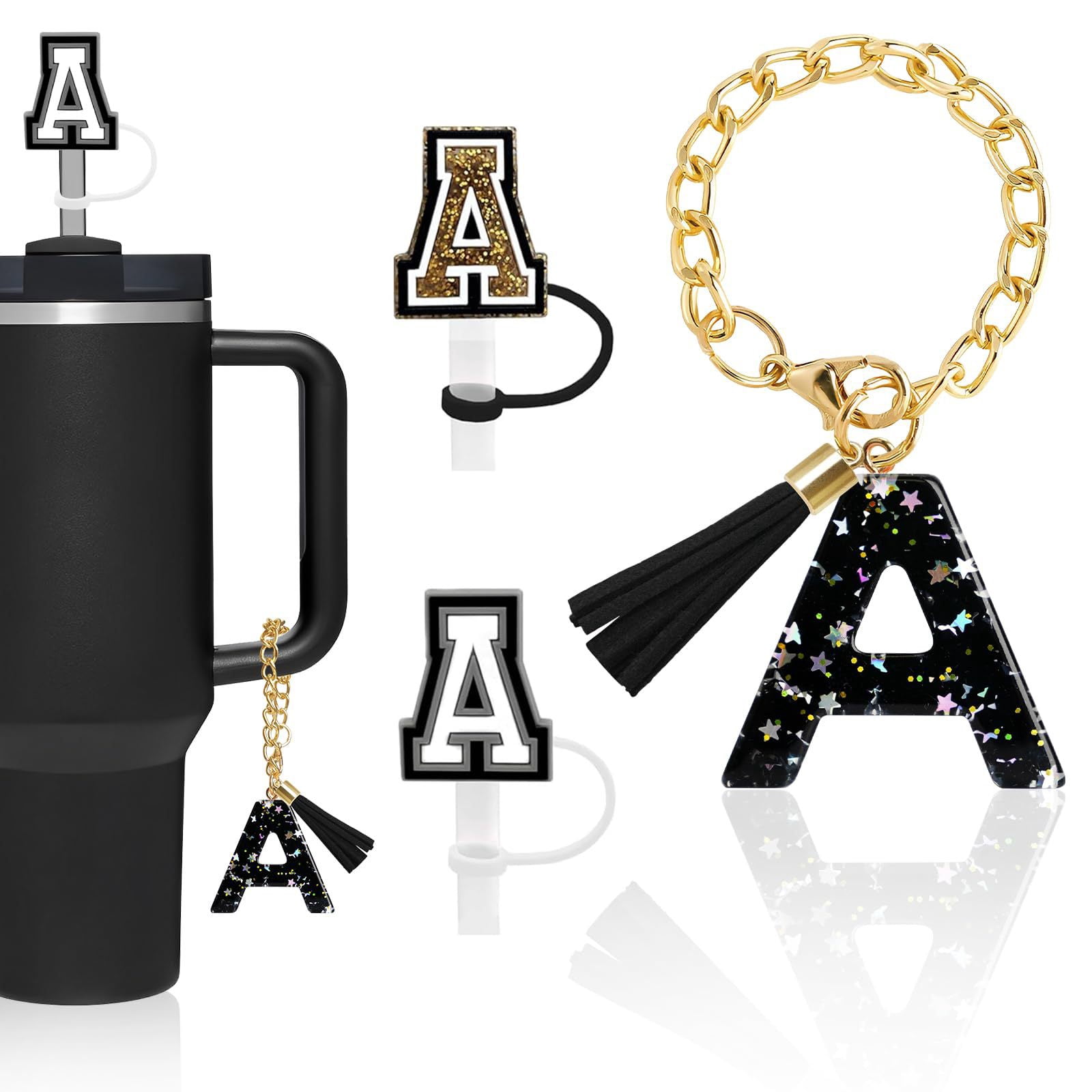 26 English initials pendants shiny resin cup chain letter straw hat ...
