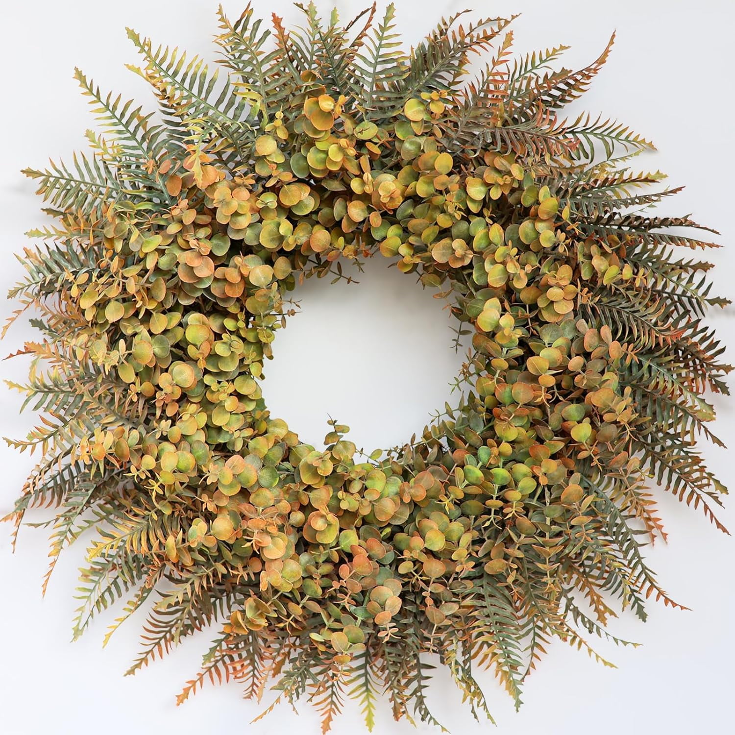 26" Fall Wreath for Front Door - Large Artificial Eucalyptus and Fake Ferns Leaves Outdoor ...