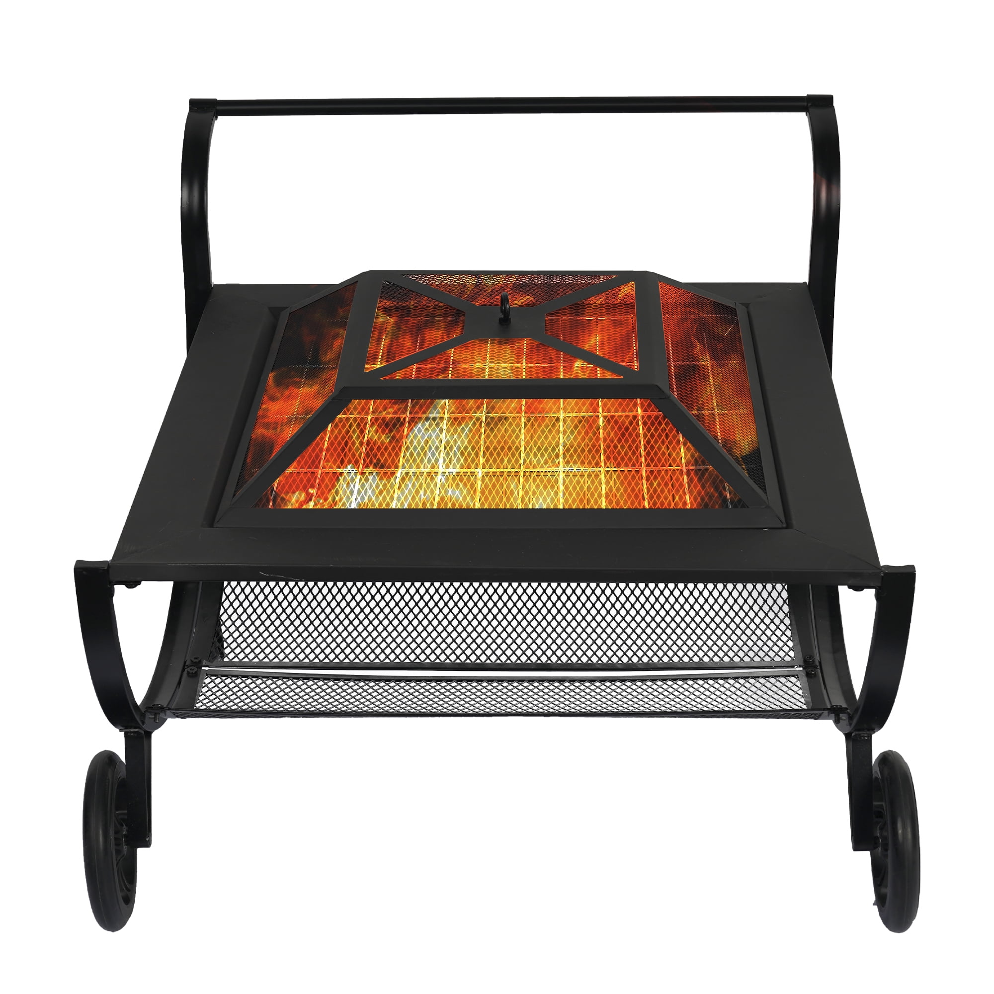26'' Fire Pit Outdoor Wood Burning Square Fireplace with Wheels Spark ...