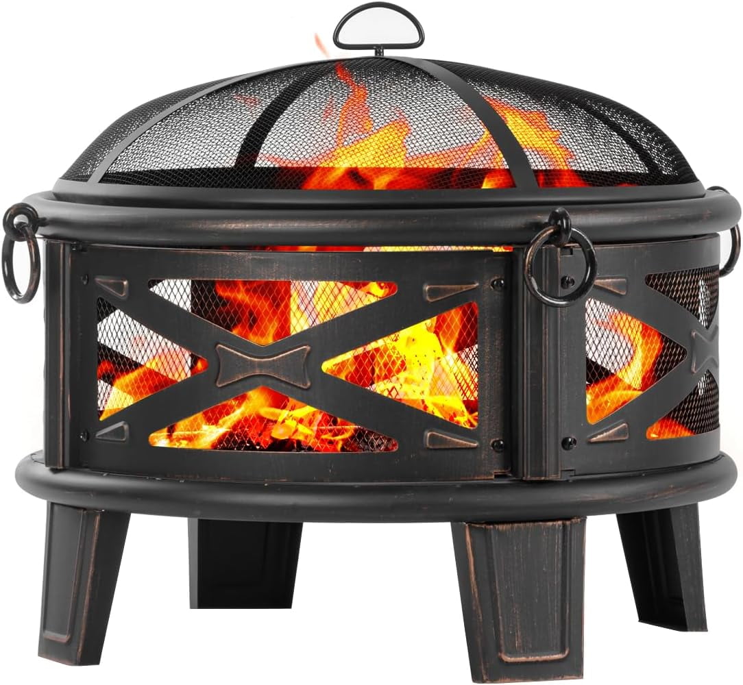 26" Fire Pit with Cooking Grill, Outdoor Wood Burning Firepit with ...