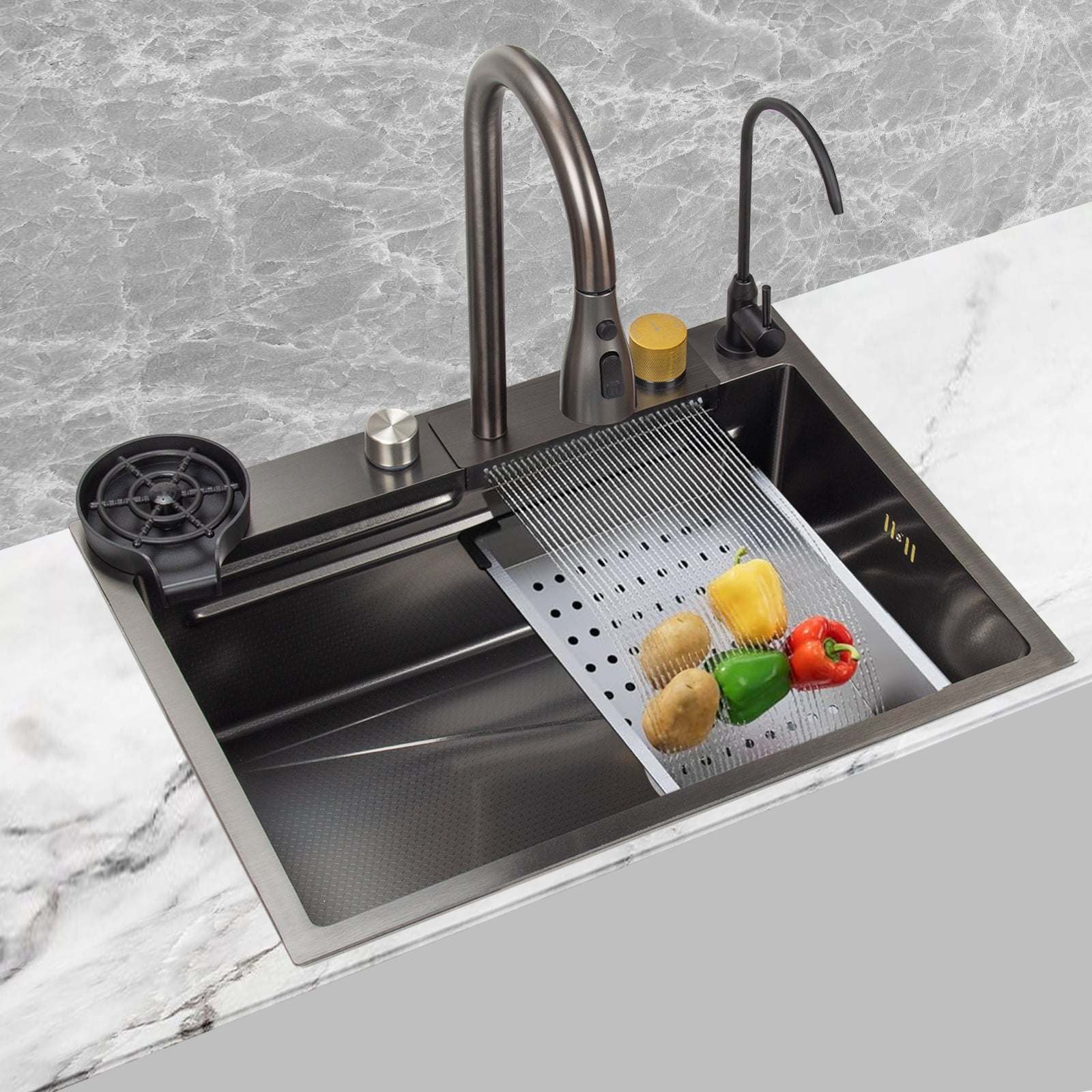 26" Flying Rain Stainless Steel Waterfall Kitchen Sink w/ Faucet Single ...