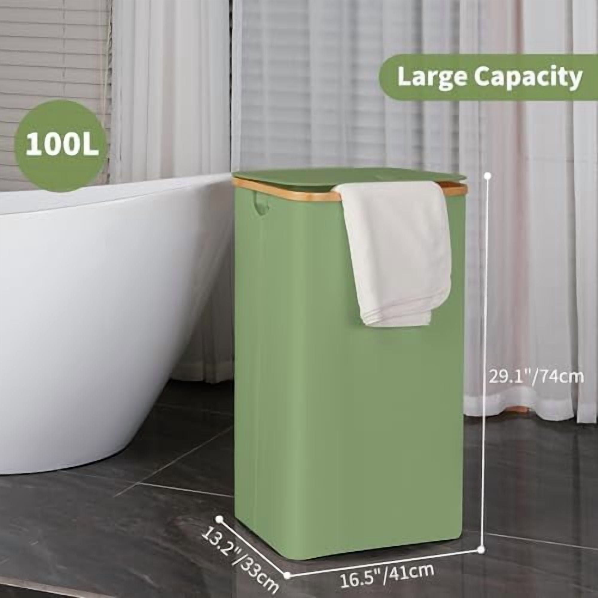 26 Gal Laundry Basket with Lid and Net Bag, Tall Laundry Hamper with Bamboo Handles, Aesthetic ...