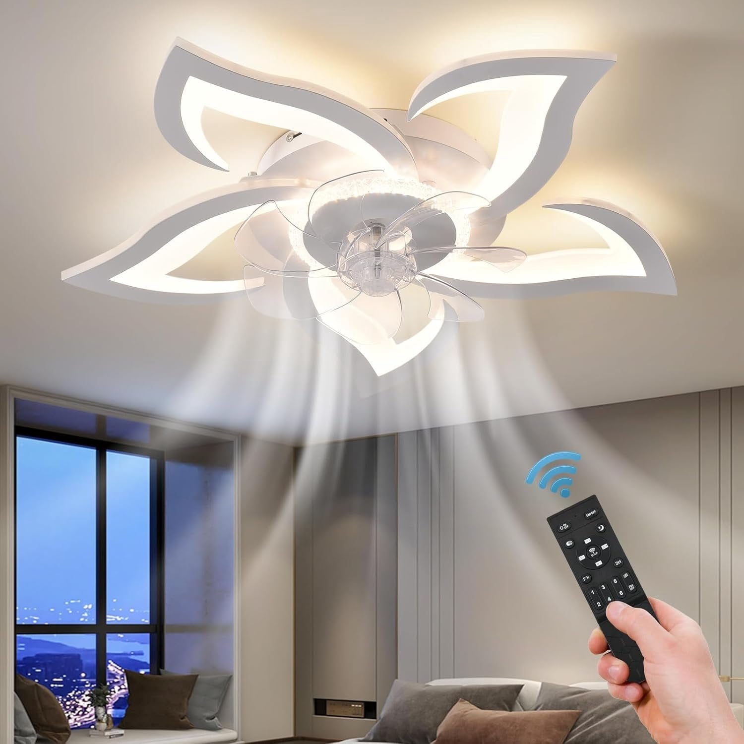 26" Geometric Ceiling Fan with Light Remote Control, 6 Speeds 3 Colors ...