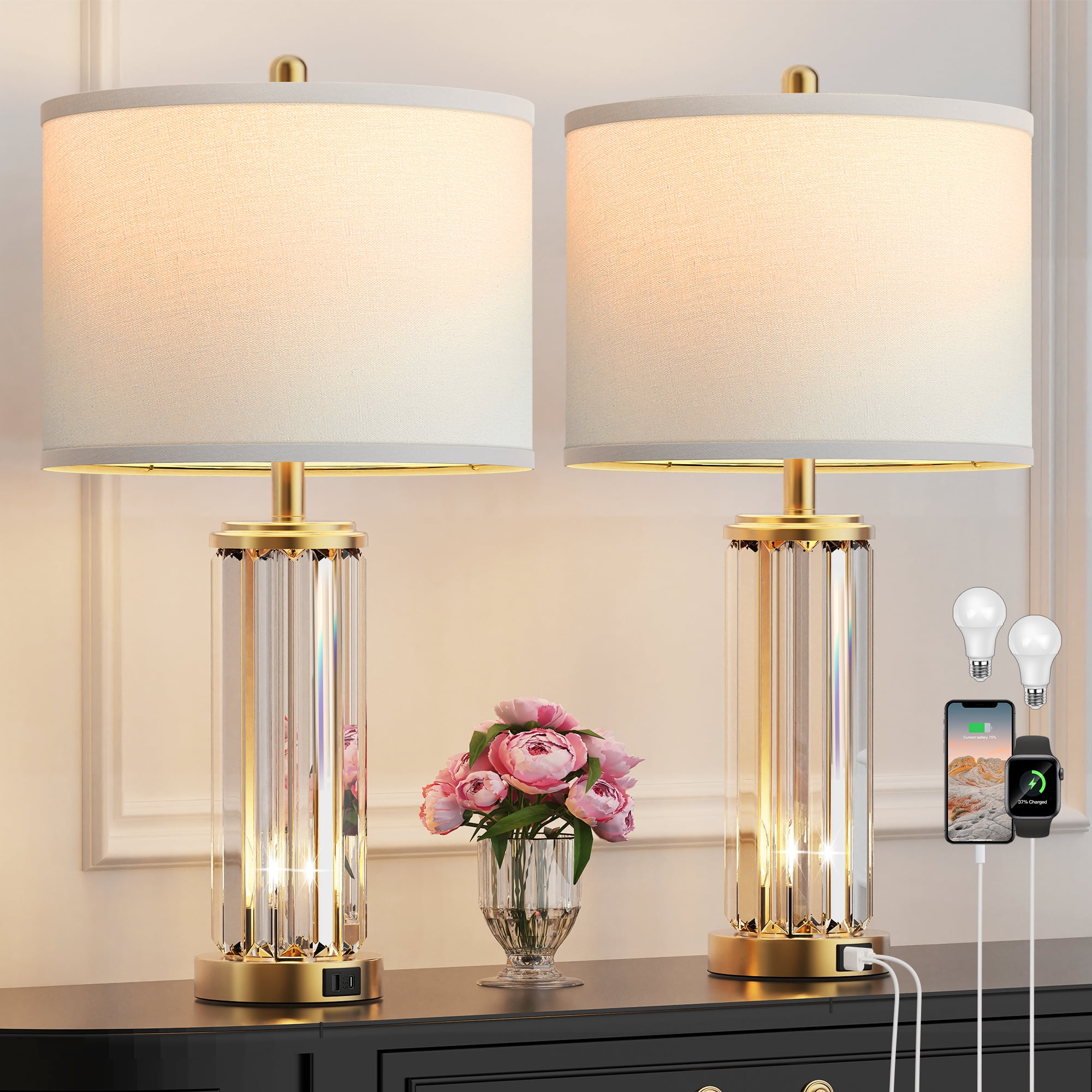 26" Gold Table Lamps for Bedroom Set of 2 with Nightlight, Modern ...