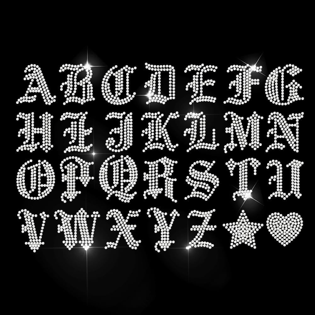 26 Gothic Alphabets Rhinestone Iron on Hotfix Transfer Letters Bling ...