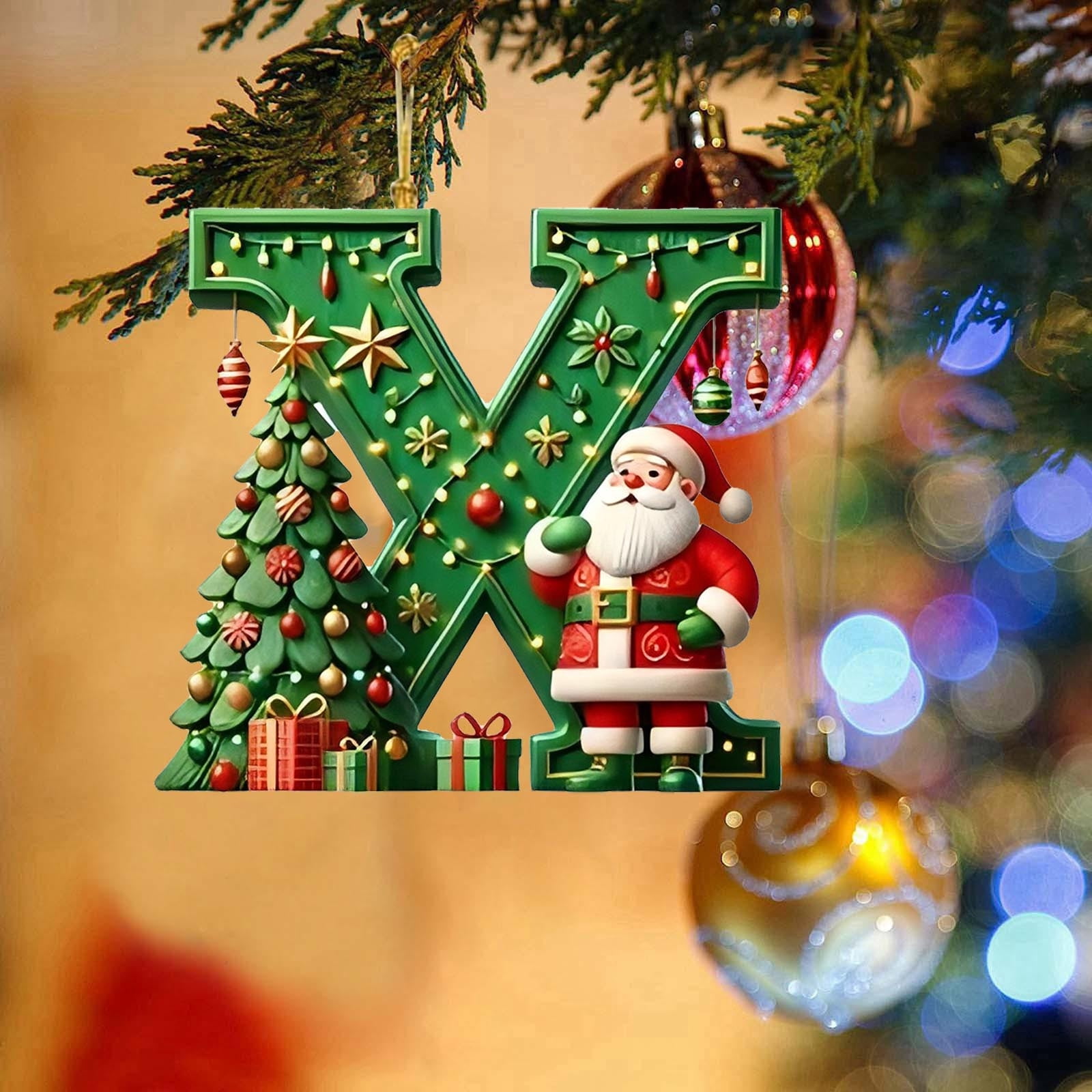 26 Green Alphabet Ornaments for Christmas Tree Initial Letter Santa ...