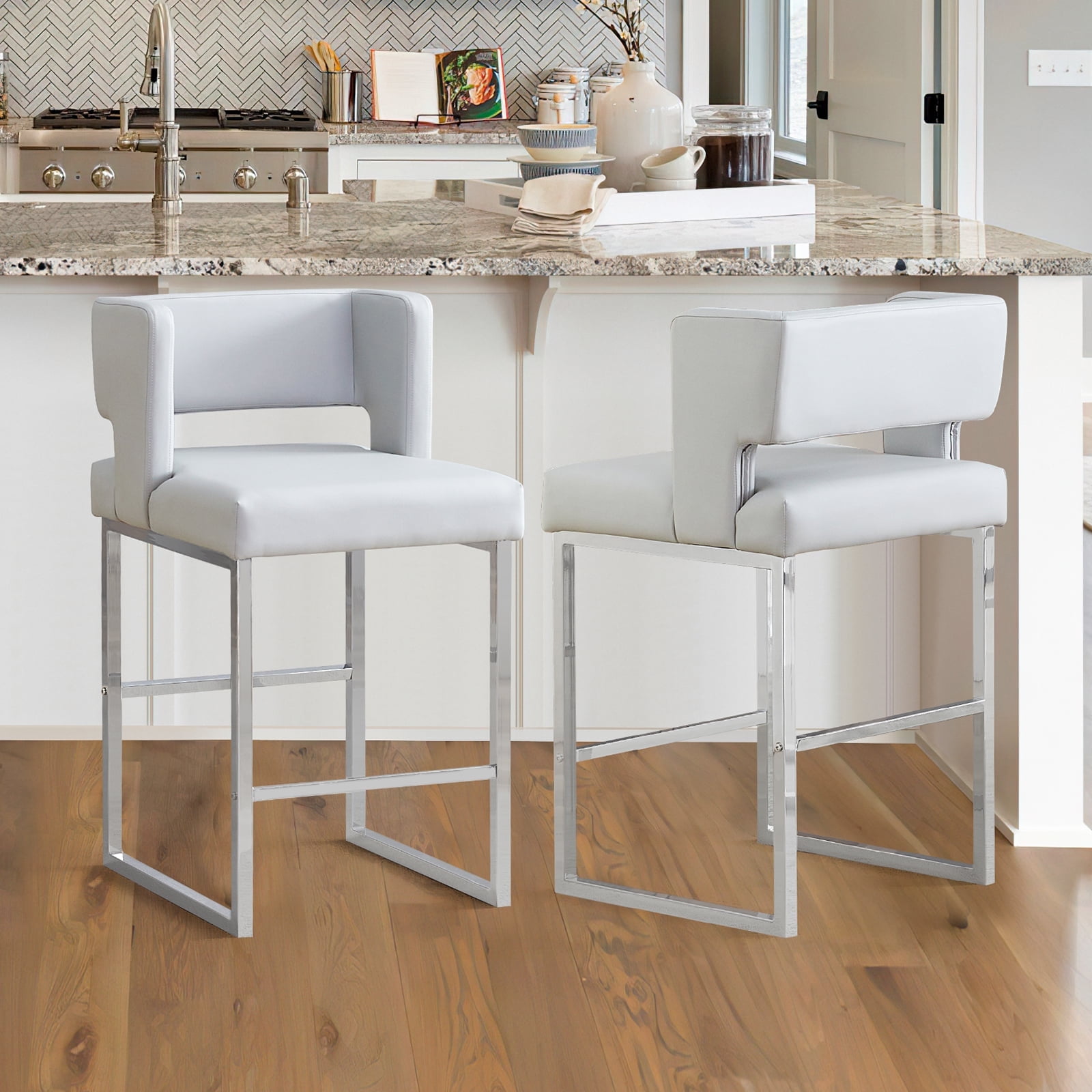 26" H Bar Stools Set of 2, Faux Leather Counter Height Bar Stools with ...