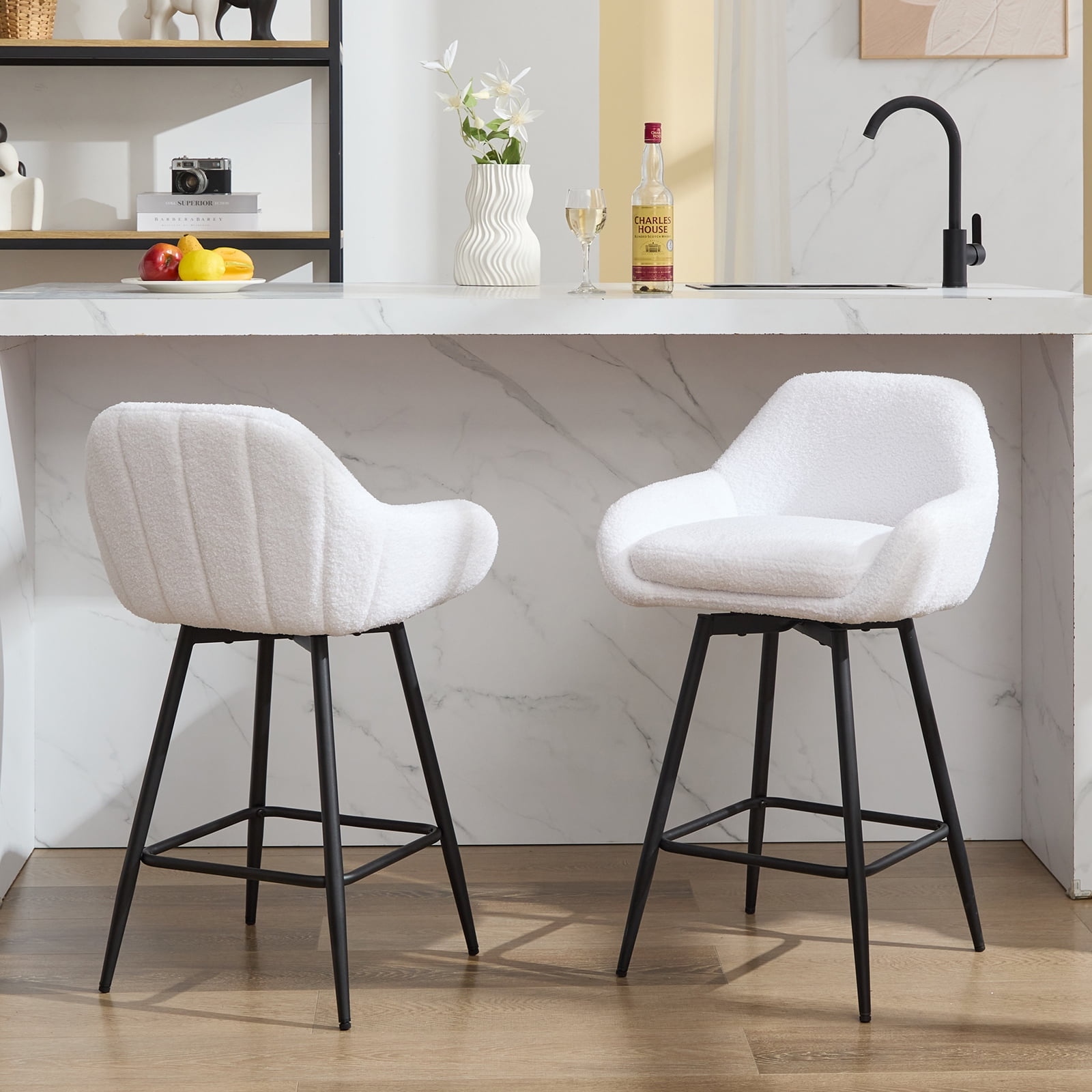 26" H Counter Height Upholstered Stools Set of 2, Swivel Bar Stools ...