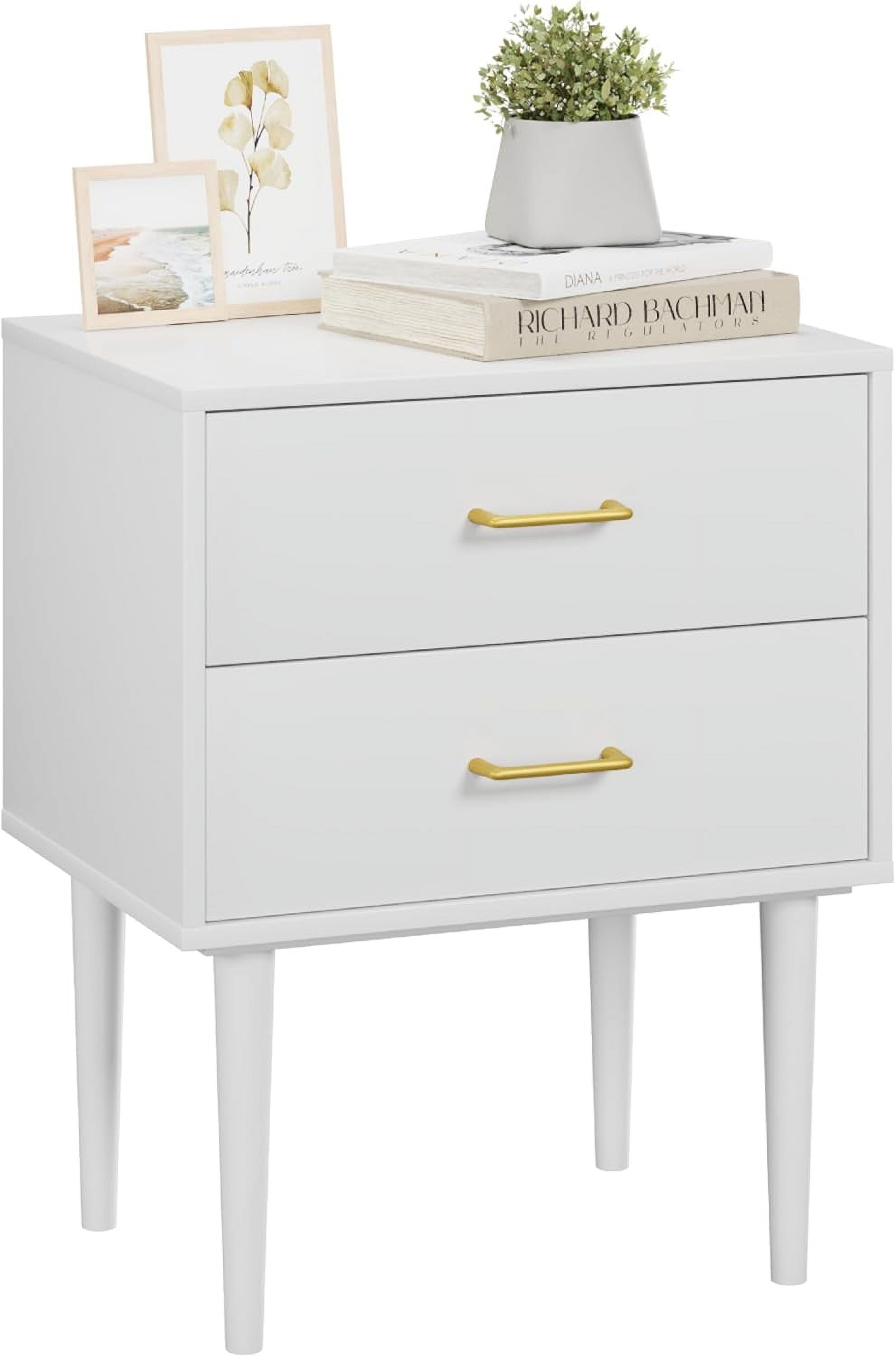 26 H White Nightstand with 2 Drawers, Small Night Stand with Gold ...