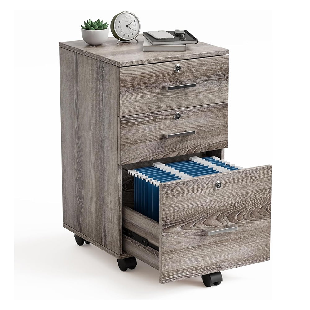 26" H Wood Rolling File Cabinet, 3-Drawer File Cabinet with Lock, Under ...