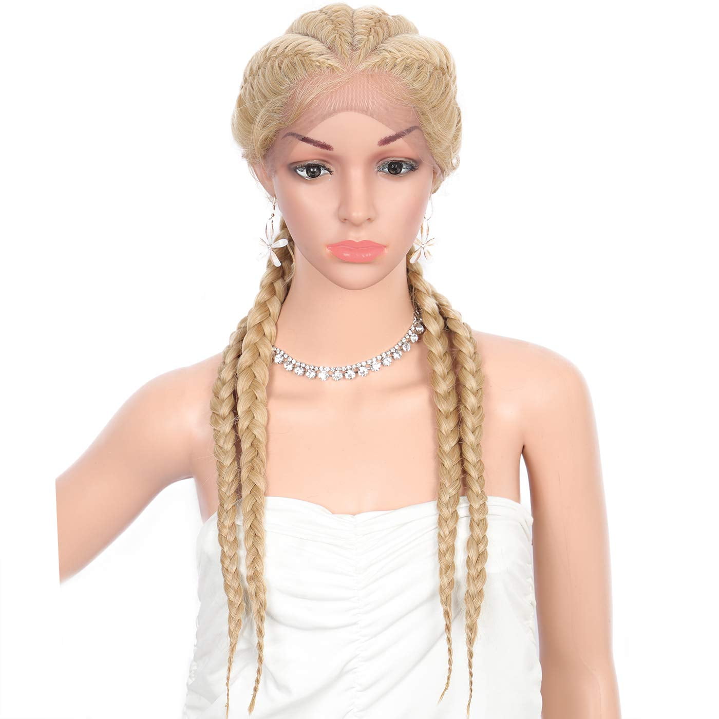 26" Hand-Braided Human Hair Blended Lace Front Cornrow Braids Wigs ...