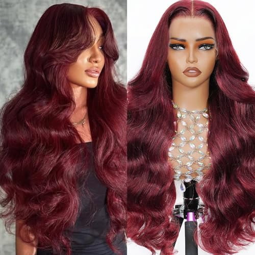 26 Inch 13x6 99j Burgundy Wig Human Hair 200 Density Wave Lace Front ...