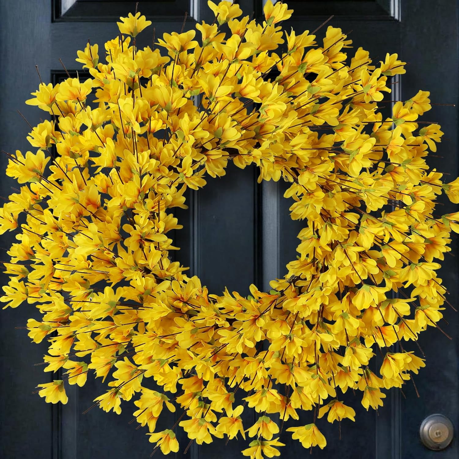 26 Inch Artificial Yellow Forsythia Wreath for Front Door, Large Faux ...