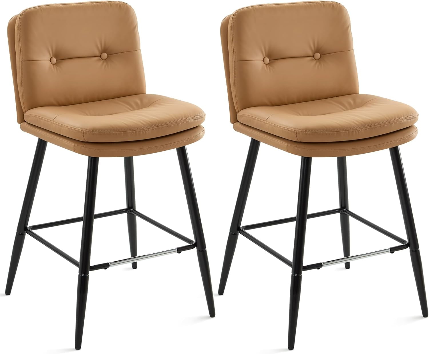 26 Inch Bar Stools Set of 2, High Back Barstool with Double-Layer Padding and Metal Legs, Faux ...
