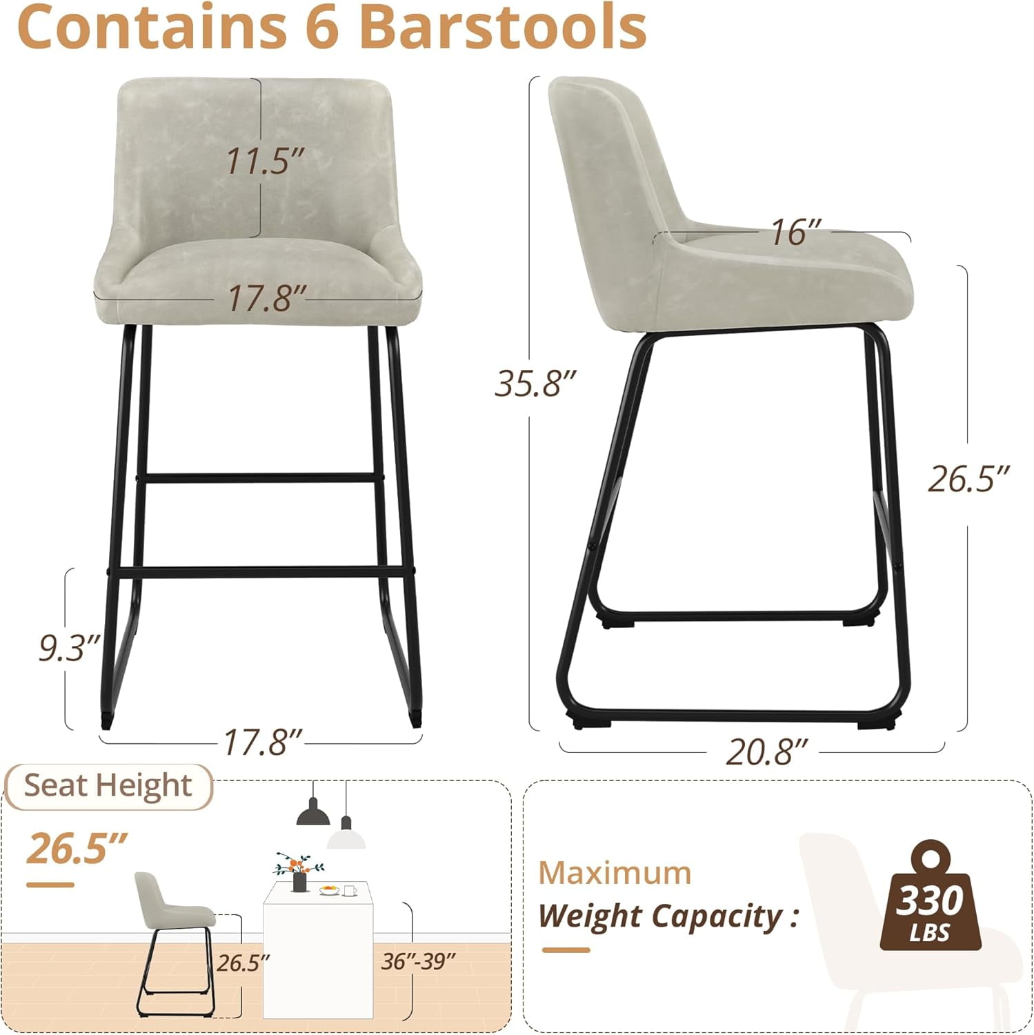 26 Inch Bar Stools Set of 6, Faux Leather Upholstered Counter Height ...