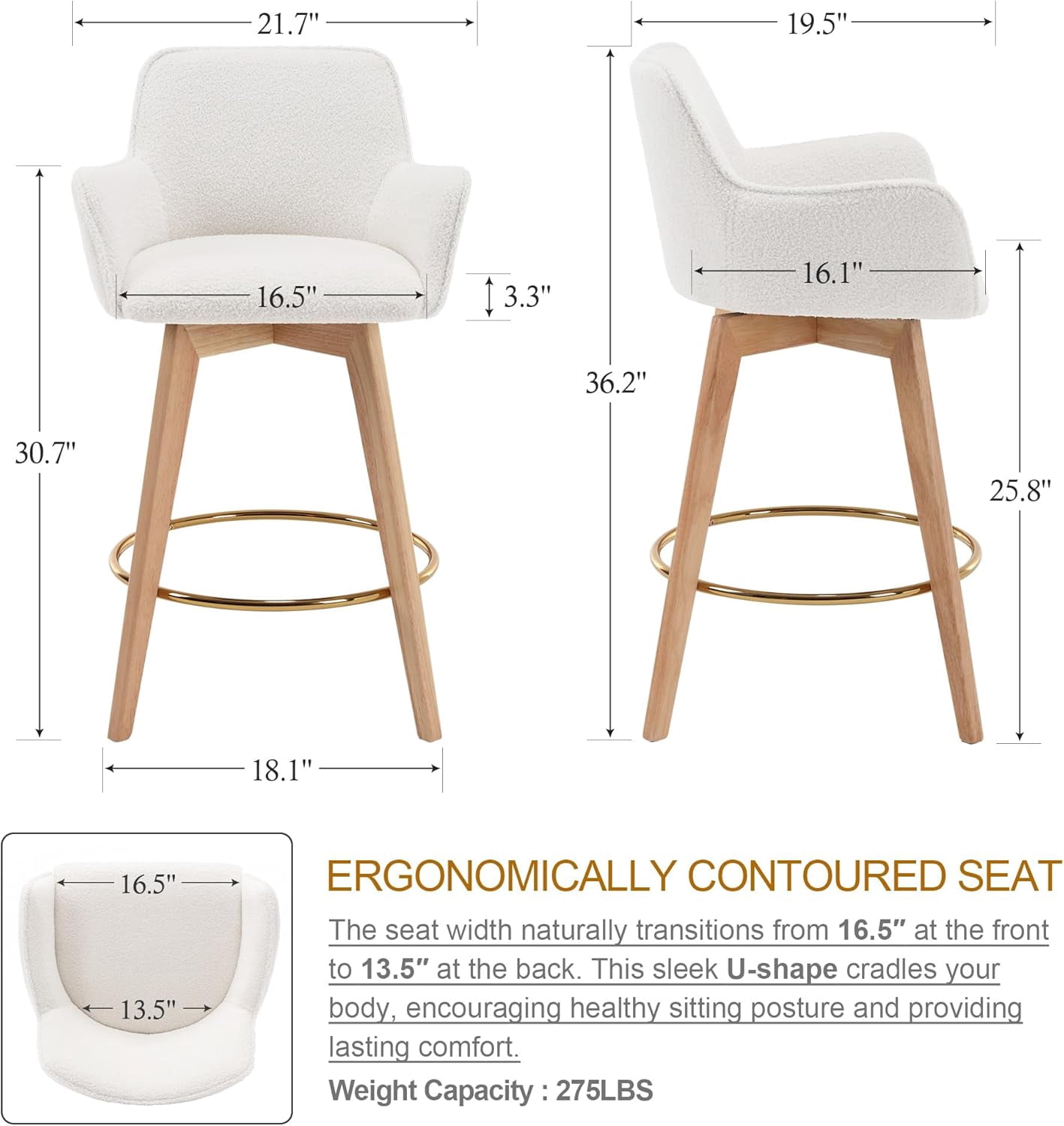 26 Inch Boucle Counter Stools Set of 2, Modern Swivel Bar Stools with ...
