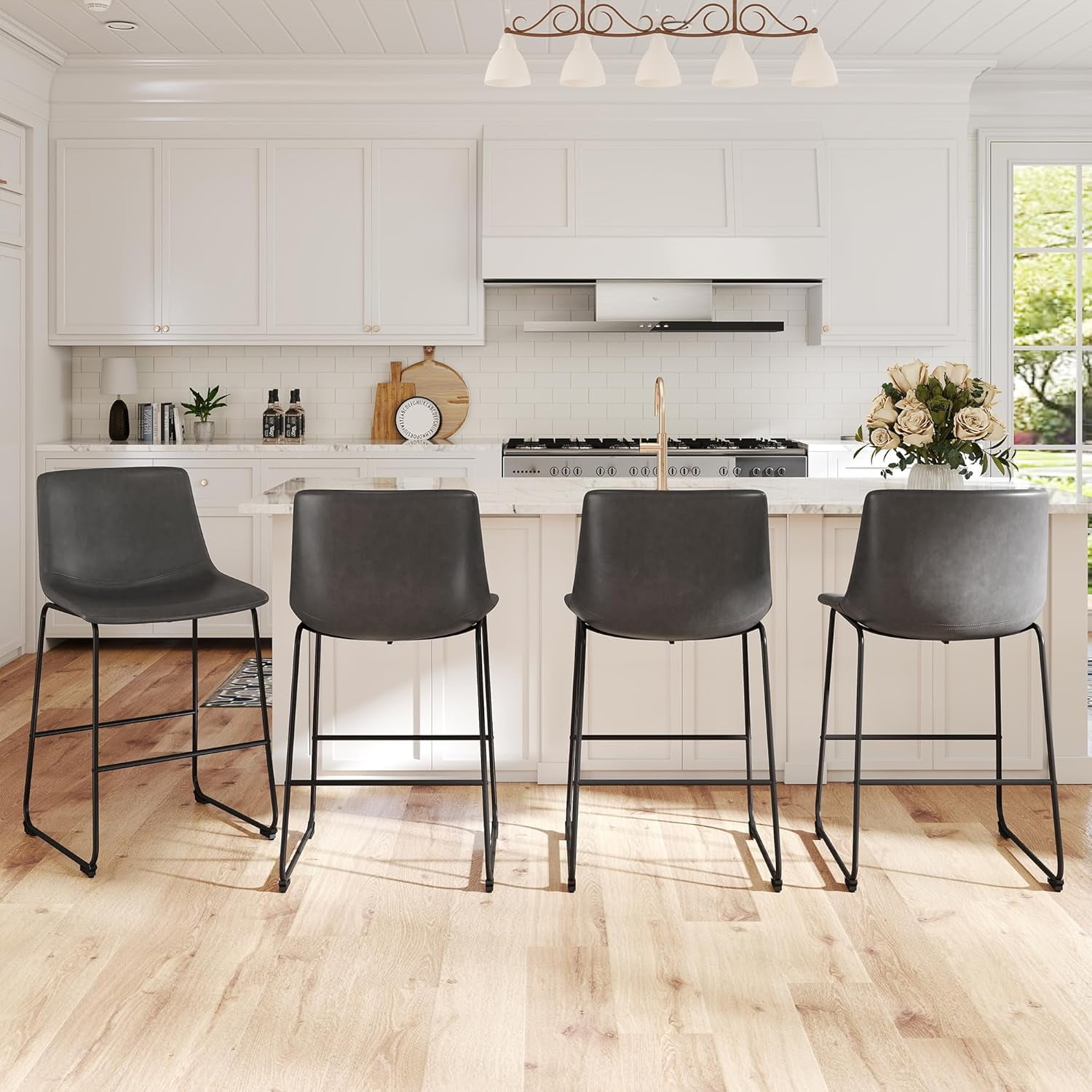 26-Inch Counter Height Bar Stools Set of 4, Faux Leather Kitchen Island ...