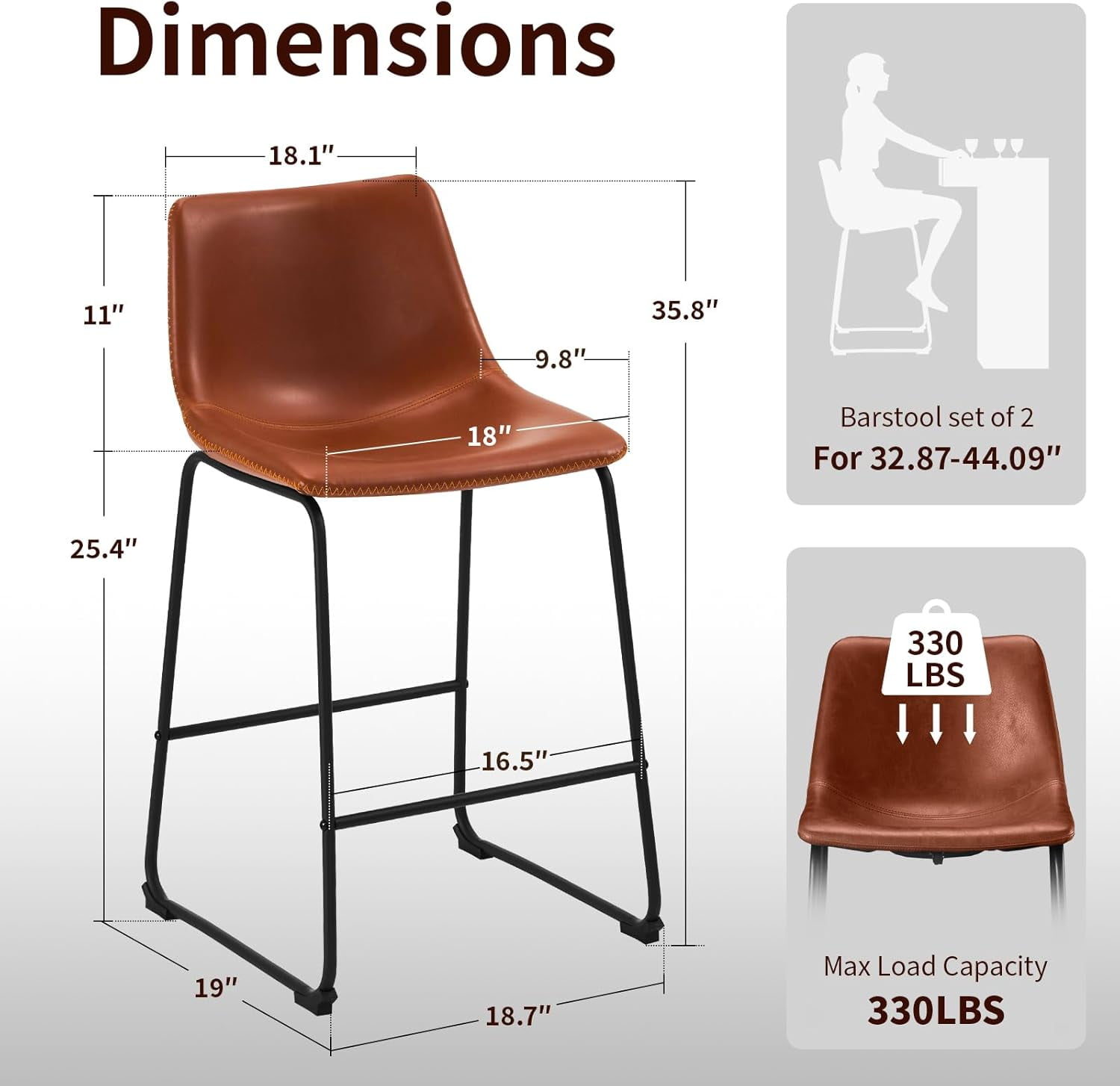 26 Inch Counter Height Bar Stools Set of 2, Crazy Leather Barstools for ...