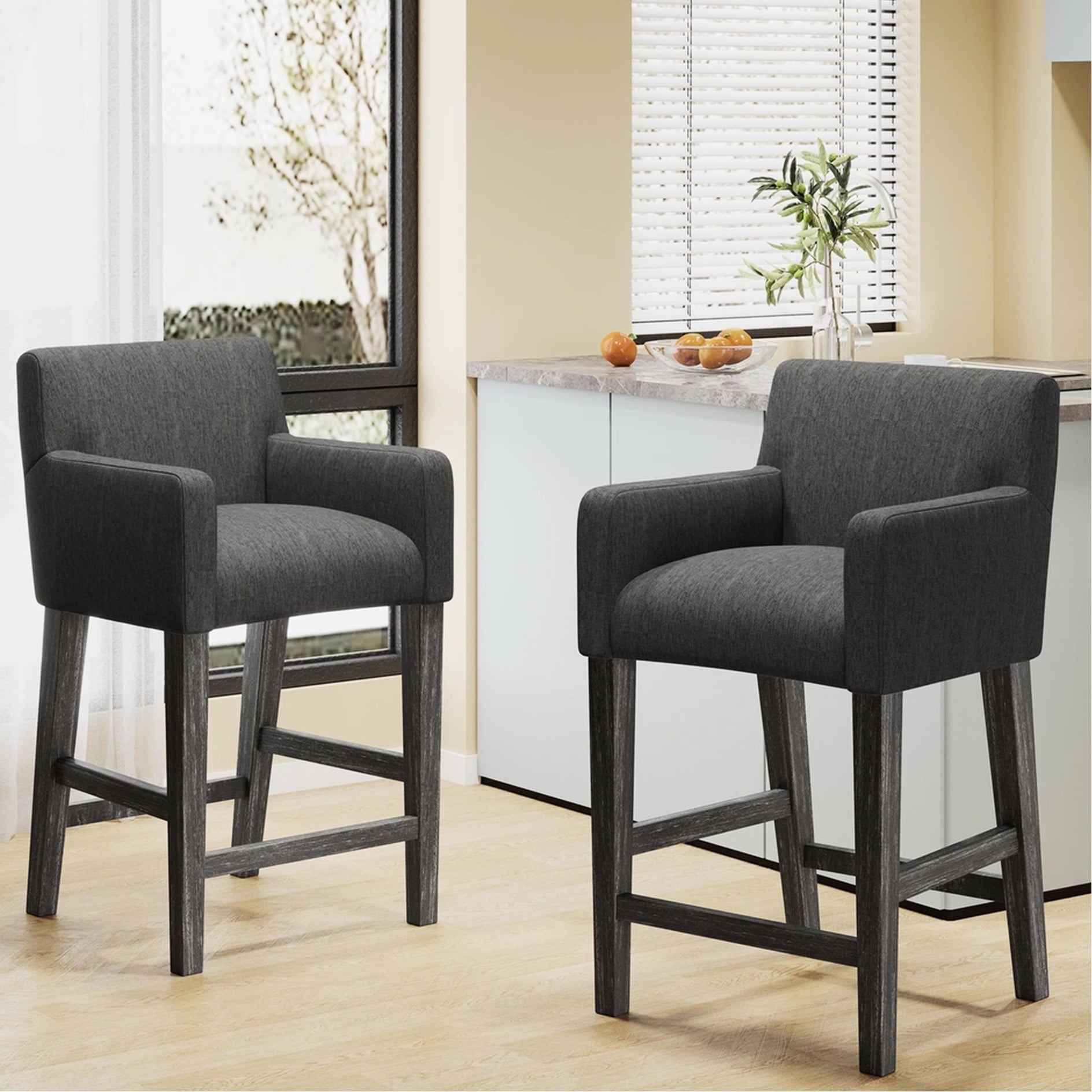 26 Inch Counter Stool Of 2, Charcoal Gray Upholstery, Sleek ...