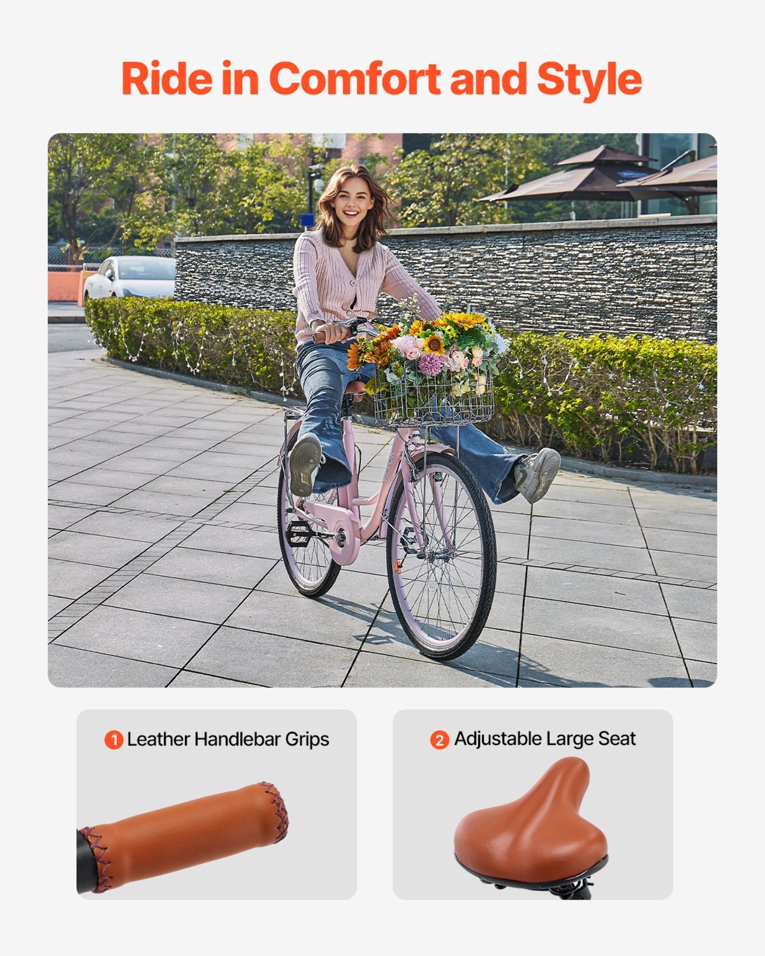 26-Inch Cruiser Bike 1-Speed Pink Beach Cruiser Bike with Basket ...