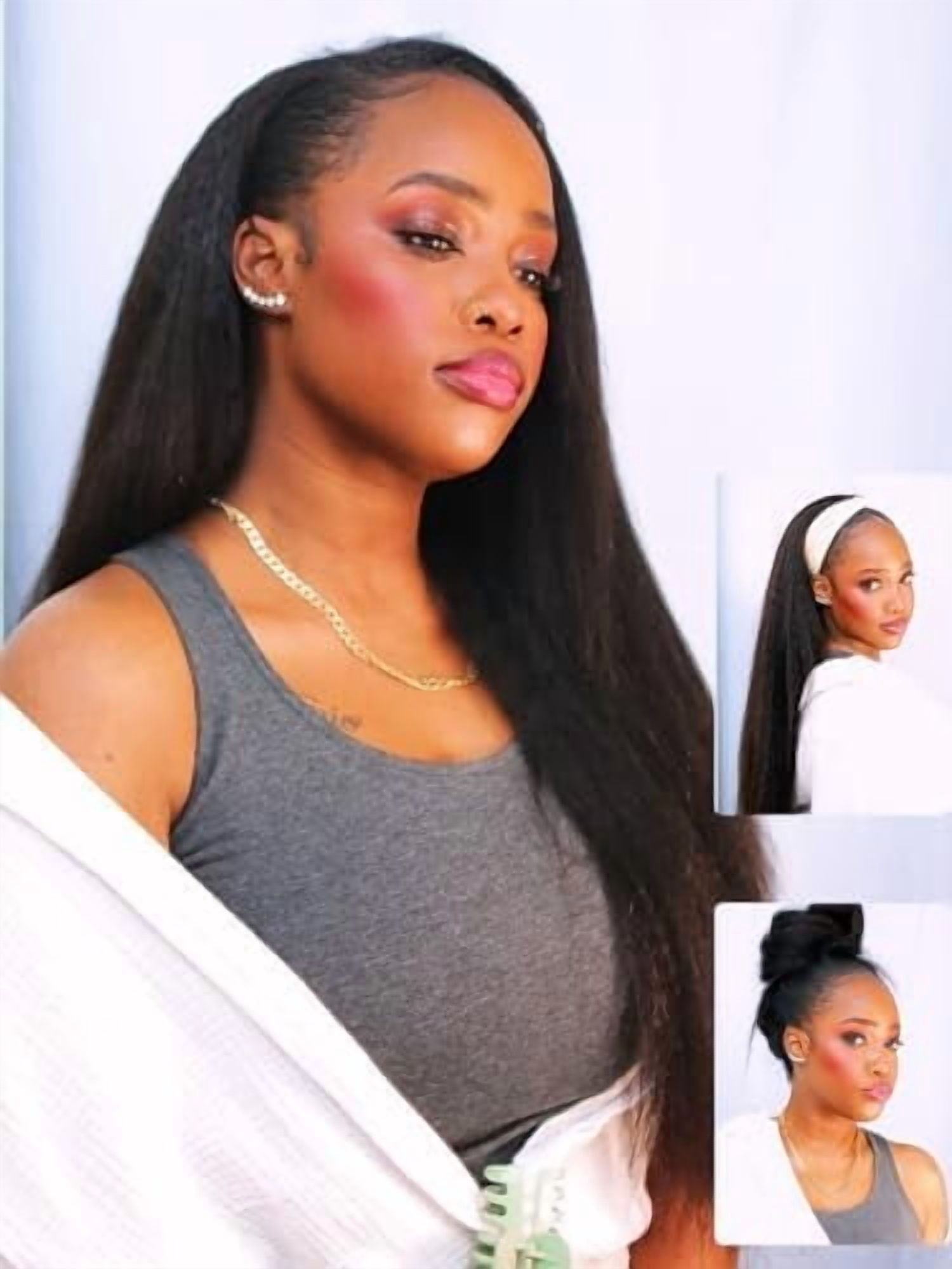 26 Inch Drawstring Half Wig Kinky Straight Wig Human Hair Glueless Flip ...