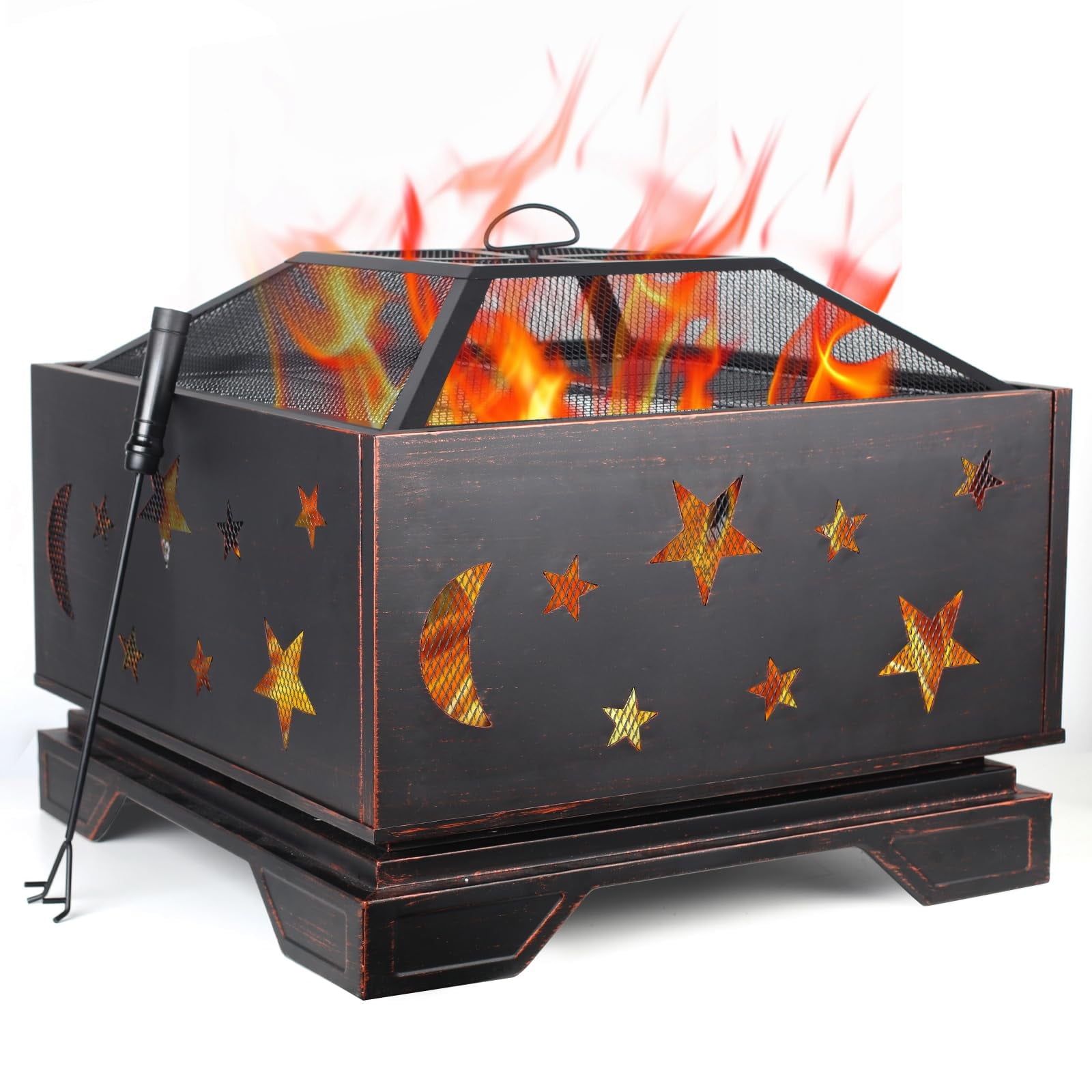 26 Inch Fire Pit, Outdoor Wood Burning Fire Pit, Square Fire Place with ...