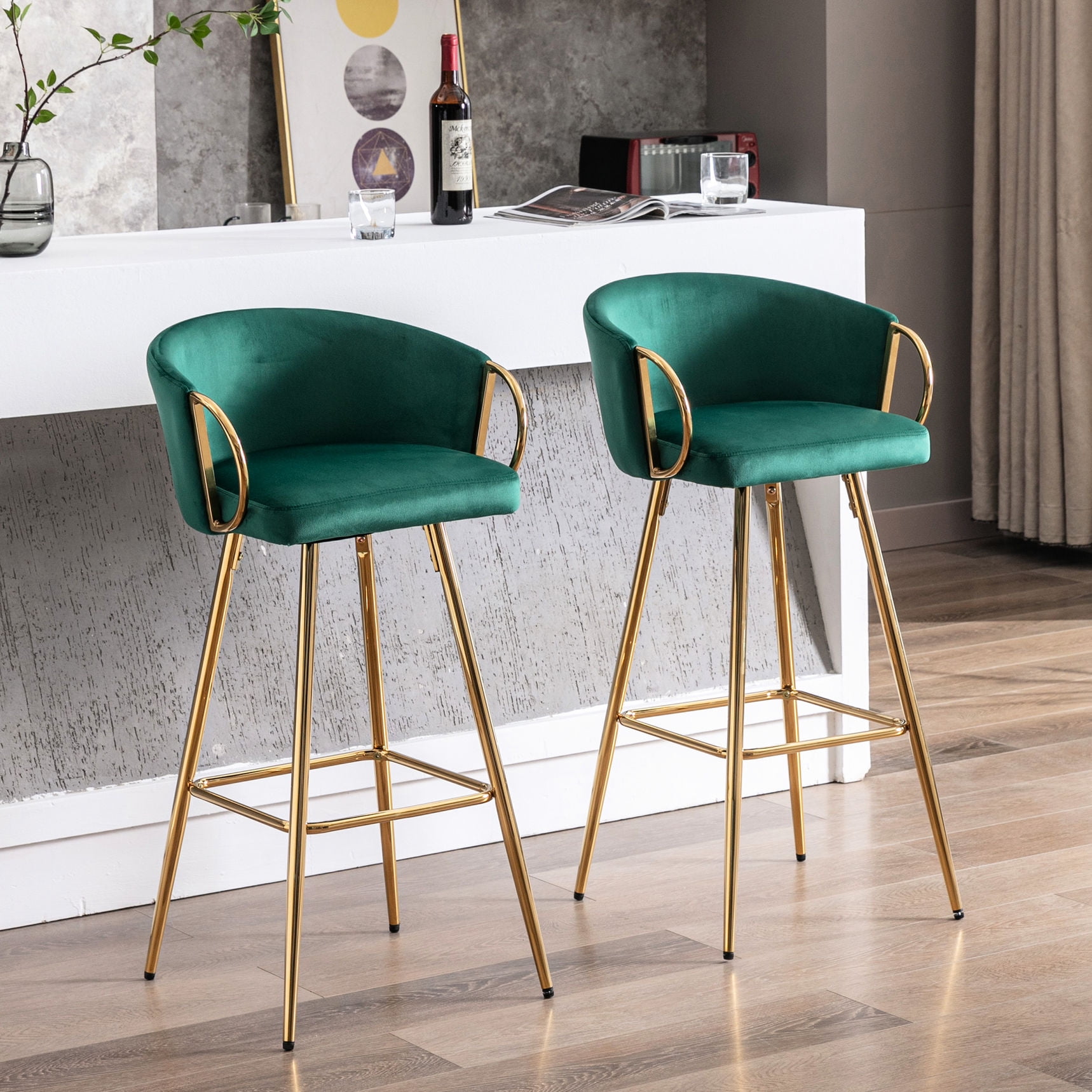 26 Inch Green Bar Stools with Golden Legs and Foam Filler / Comfortable ...