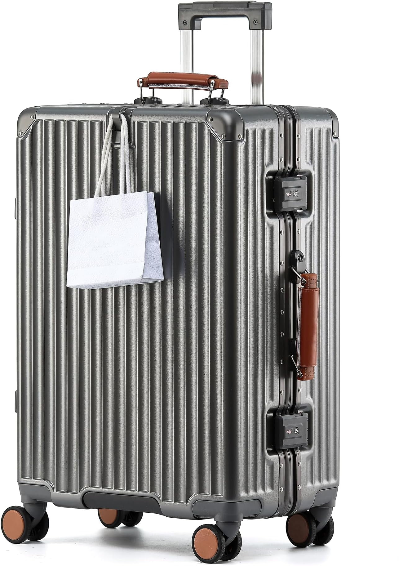 26 Inch Hardside Checked Luggage with Leather Handle, PC Zipperless ...