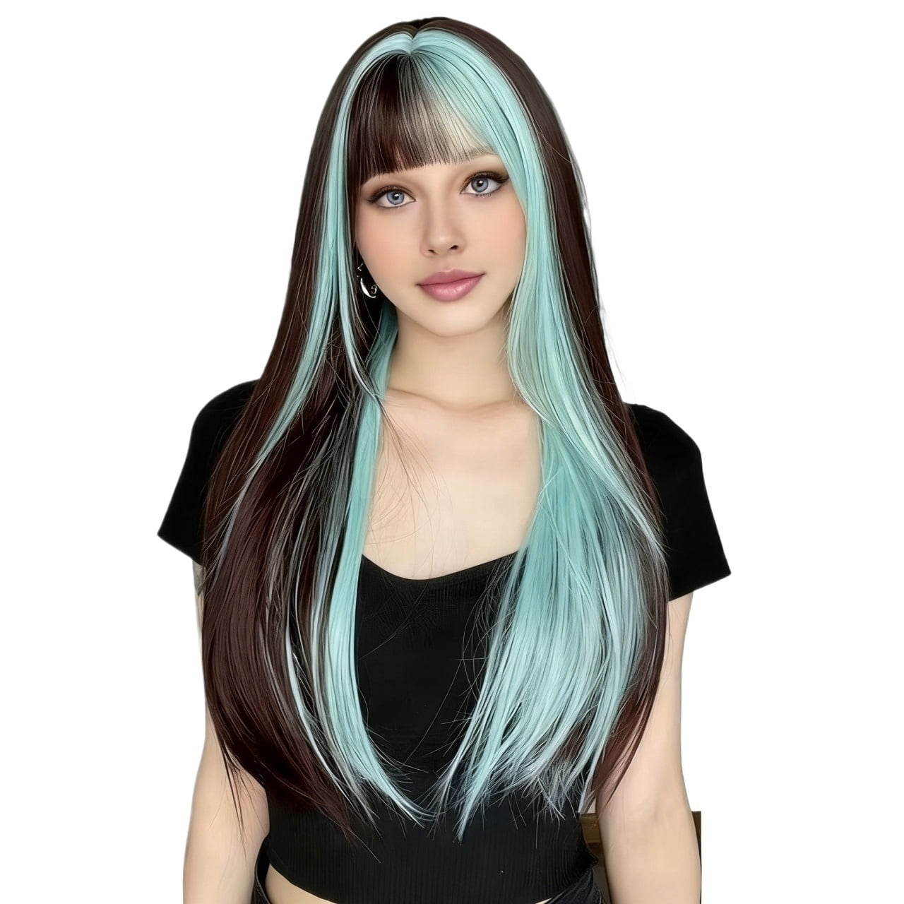 26-Inch High-Density Color Block Hair Wigs with Bangs - Long Straight ...