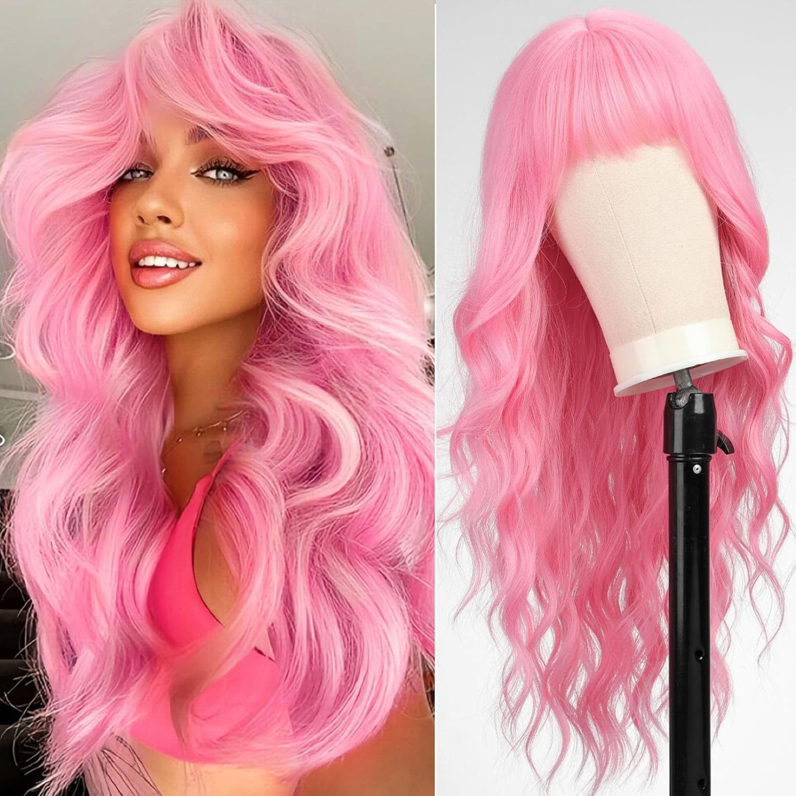 26 Inch Long Wavy Synthetic Wig with bangs for Women,Heat Resistant ...