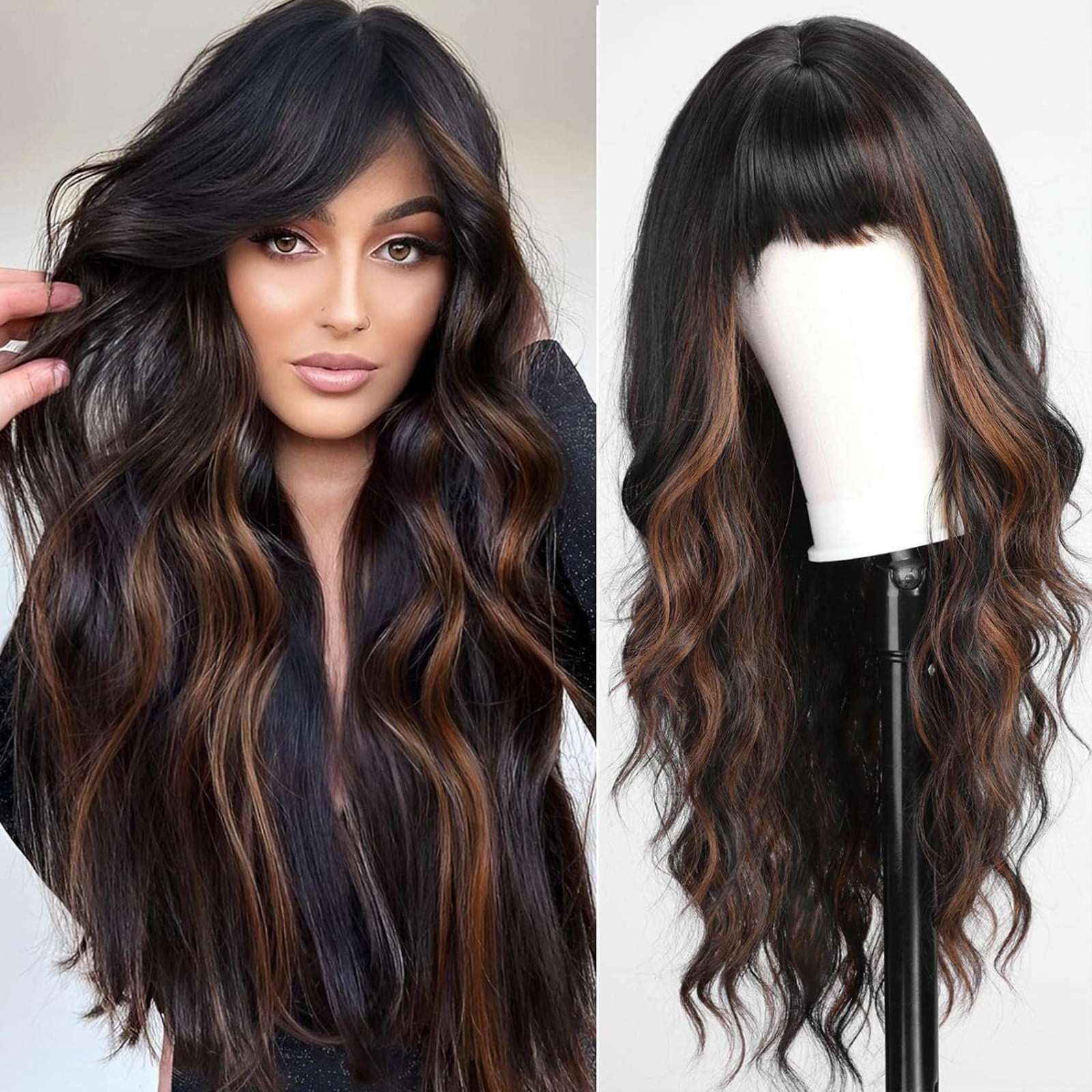26 Inch Long Wavy Synthetic Wig with bangs for Women,Heat Resistant ...