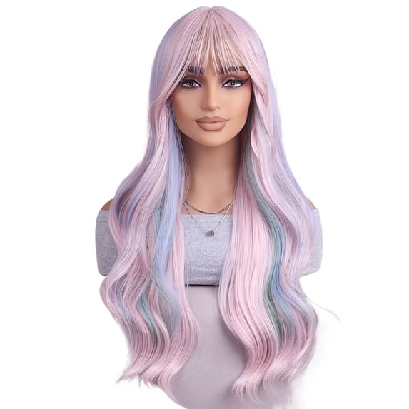 26-Inch Pink and Blue Gradient Long Curly Wig with Bangs - Synthetic ...