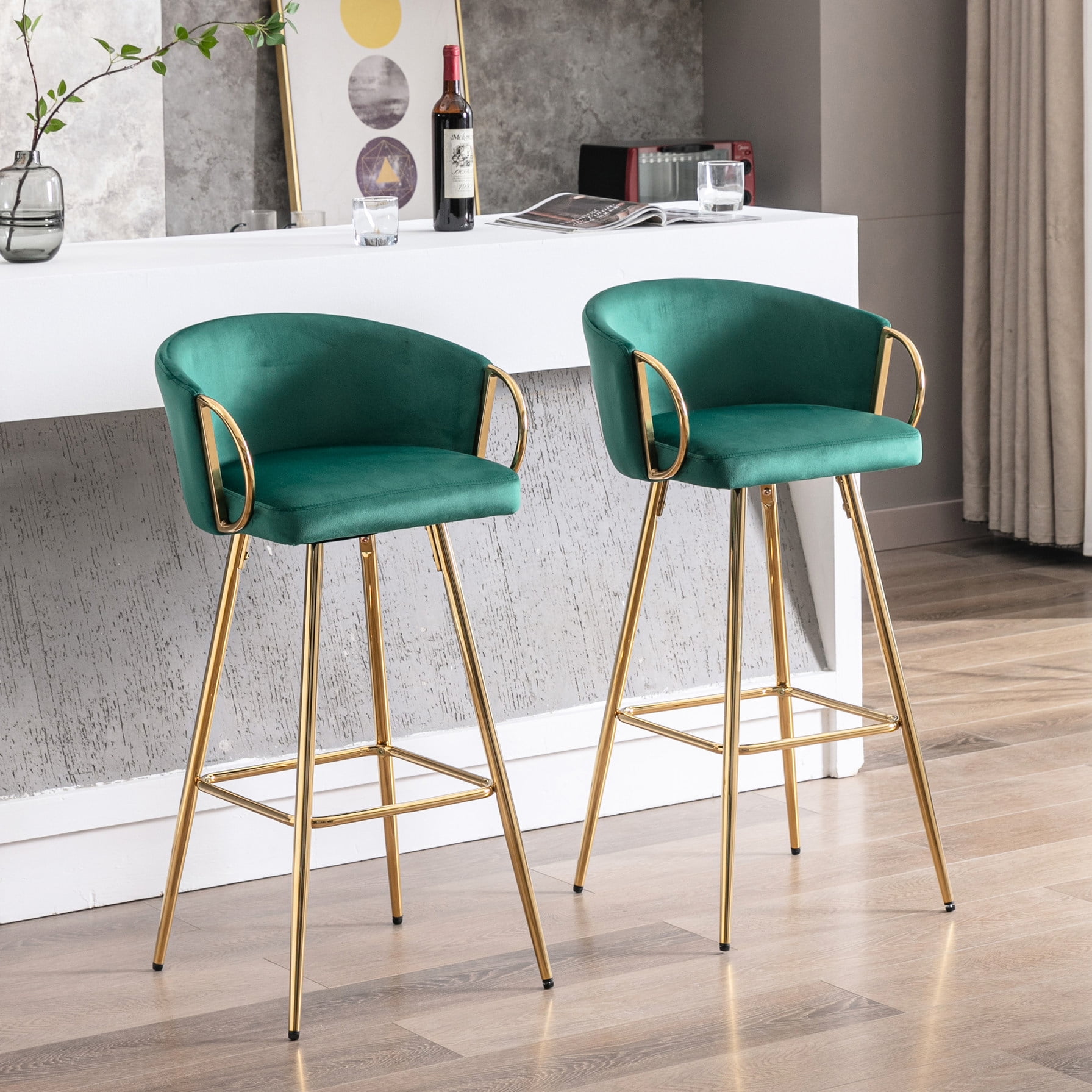 26 Inch Set of 2 Green Bar Stools | Used in Home Kitchen Bars | Velvet ...