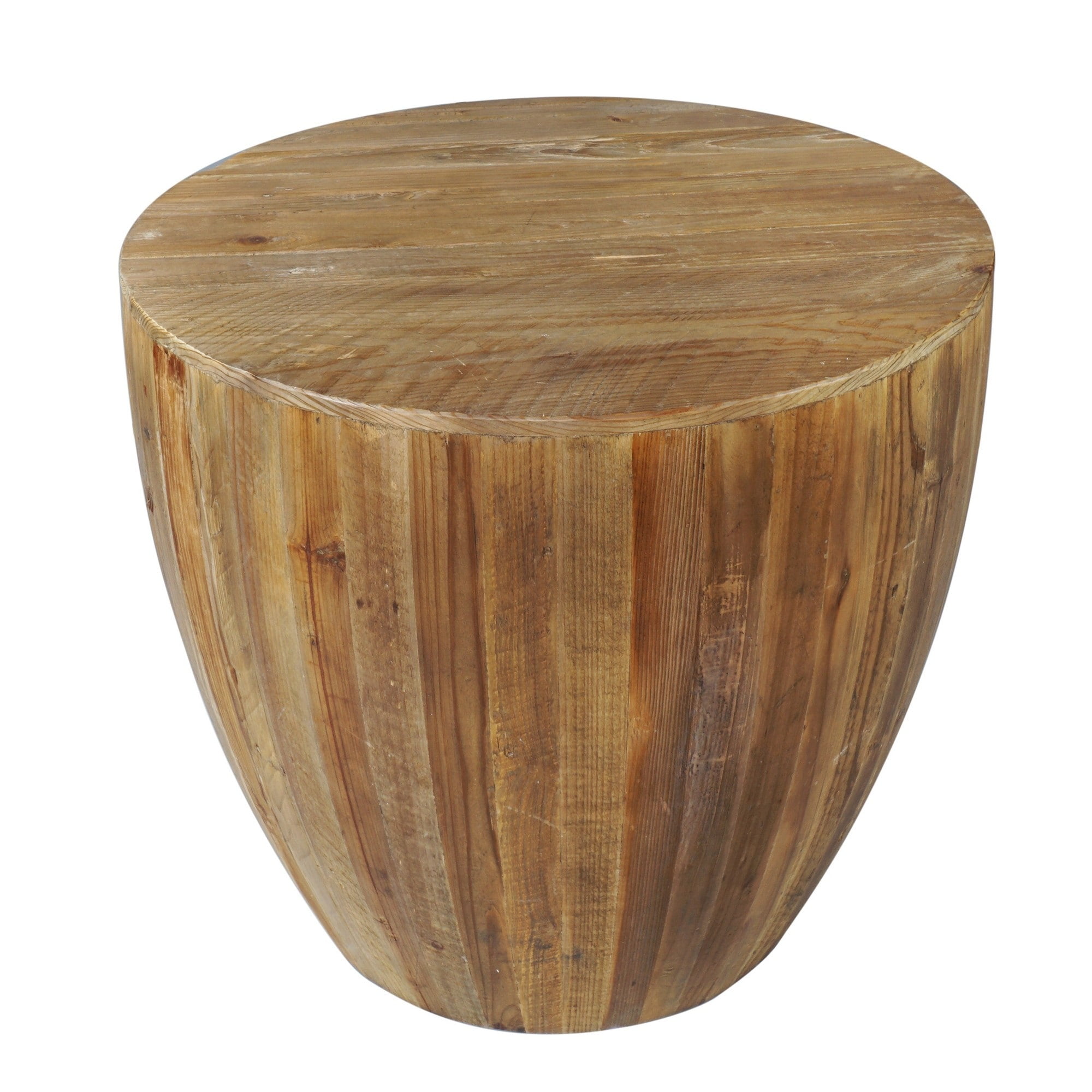 26 Inch Side End Table, Recycled Fir Wood, Round Drum Shape, Walnut ...