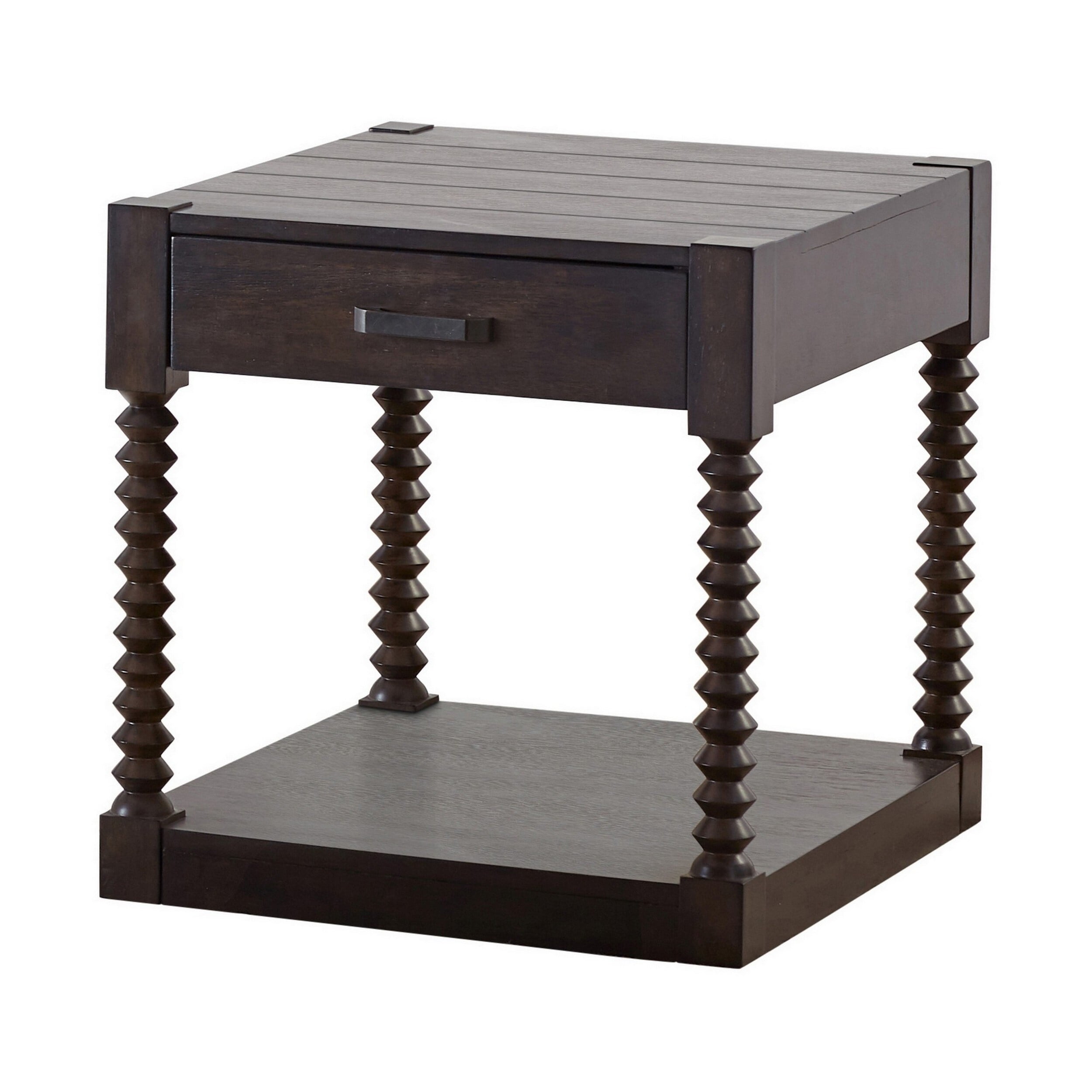 26 Inch Square Side End Table, 1 Drawer, Spindle Posts, Rich Coffee ...