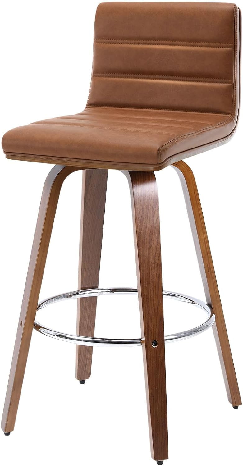 26 Inch Swivel Bar Stool with Back Mid-Century Modern PU Leather Upholstered Counter Height ...