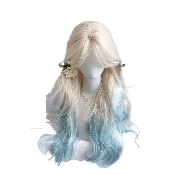 26-Inch White and Blue Gradient Long Curly Hair Wigs for Women - Fluffy ...