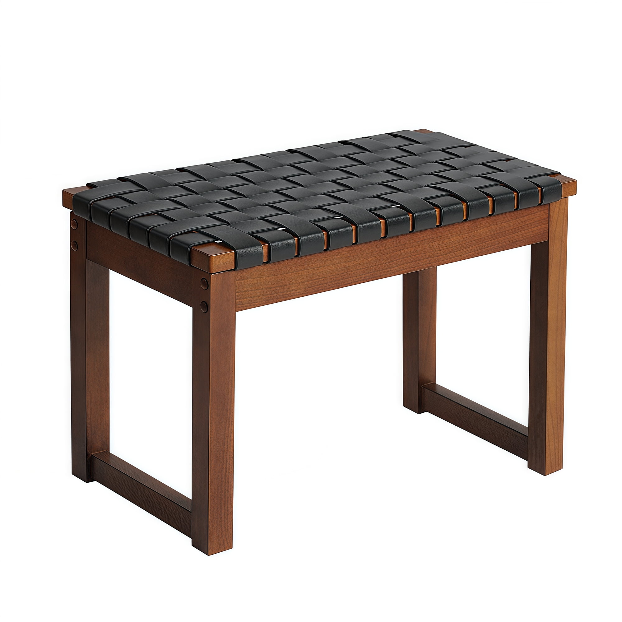 26-Inch Wide Solid Wood Bench with Faux Leather Woven Strips Seat ...