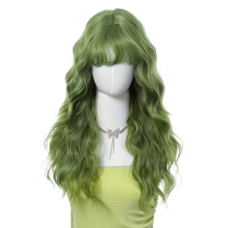 26-Inch Women's Grass Green Curly Hair Wig with Bangs - Ideal for ...