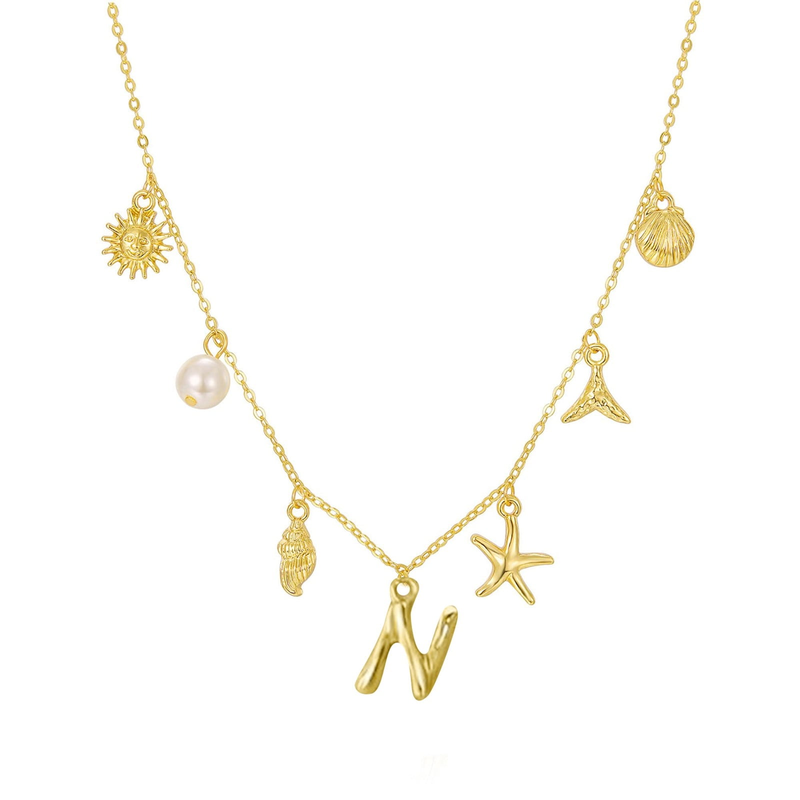 26 Initial Charm Necklace For Women Seashell Letter Pendant Gold Boho ...