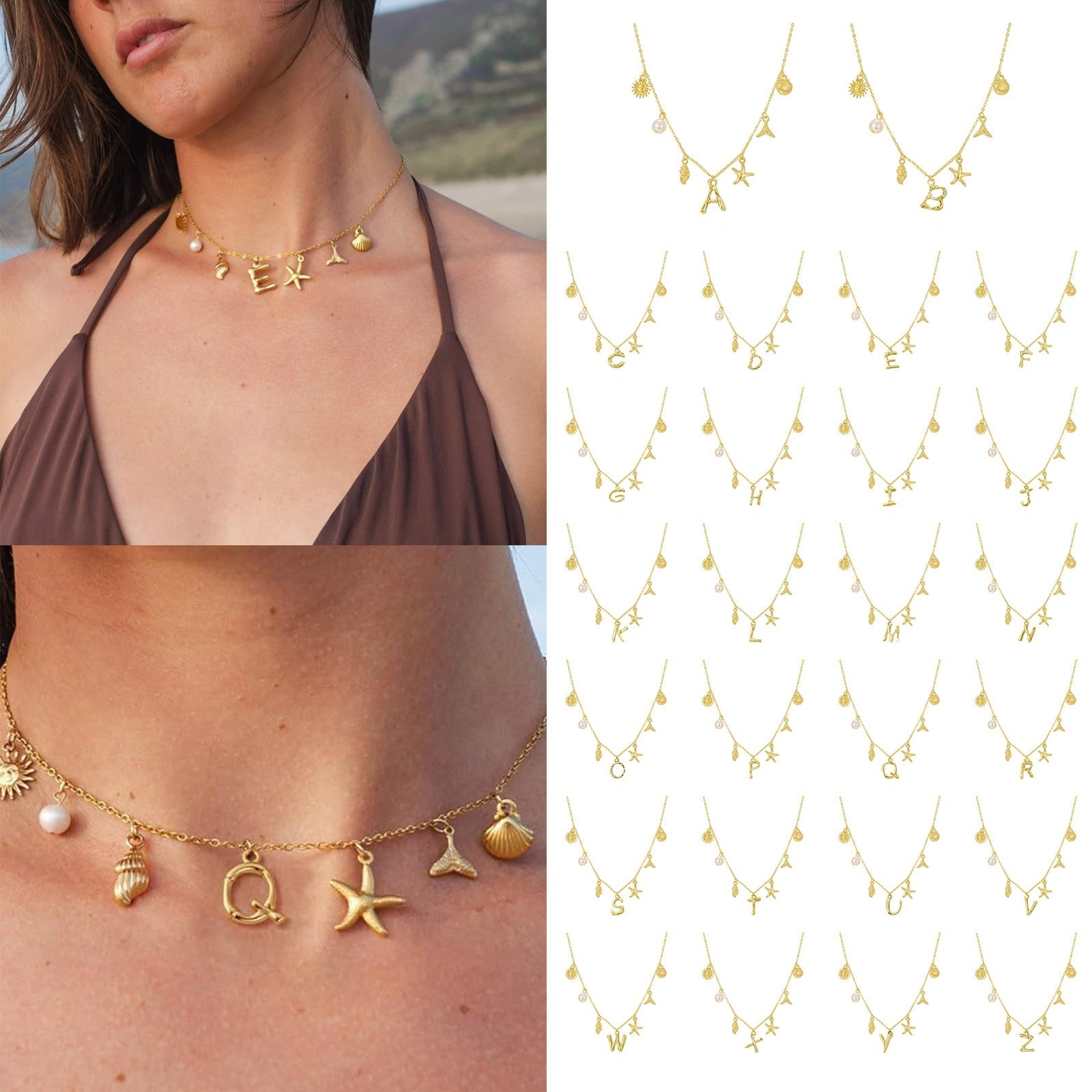26 Initial Charm Necklace for Women, Seashell Letter Gold Pendant Boho ...