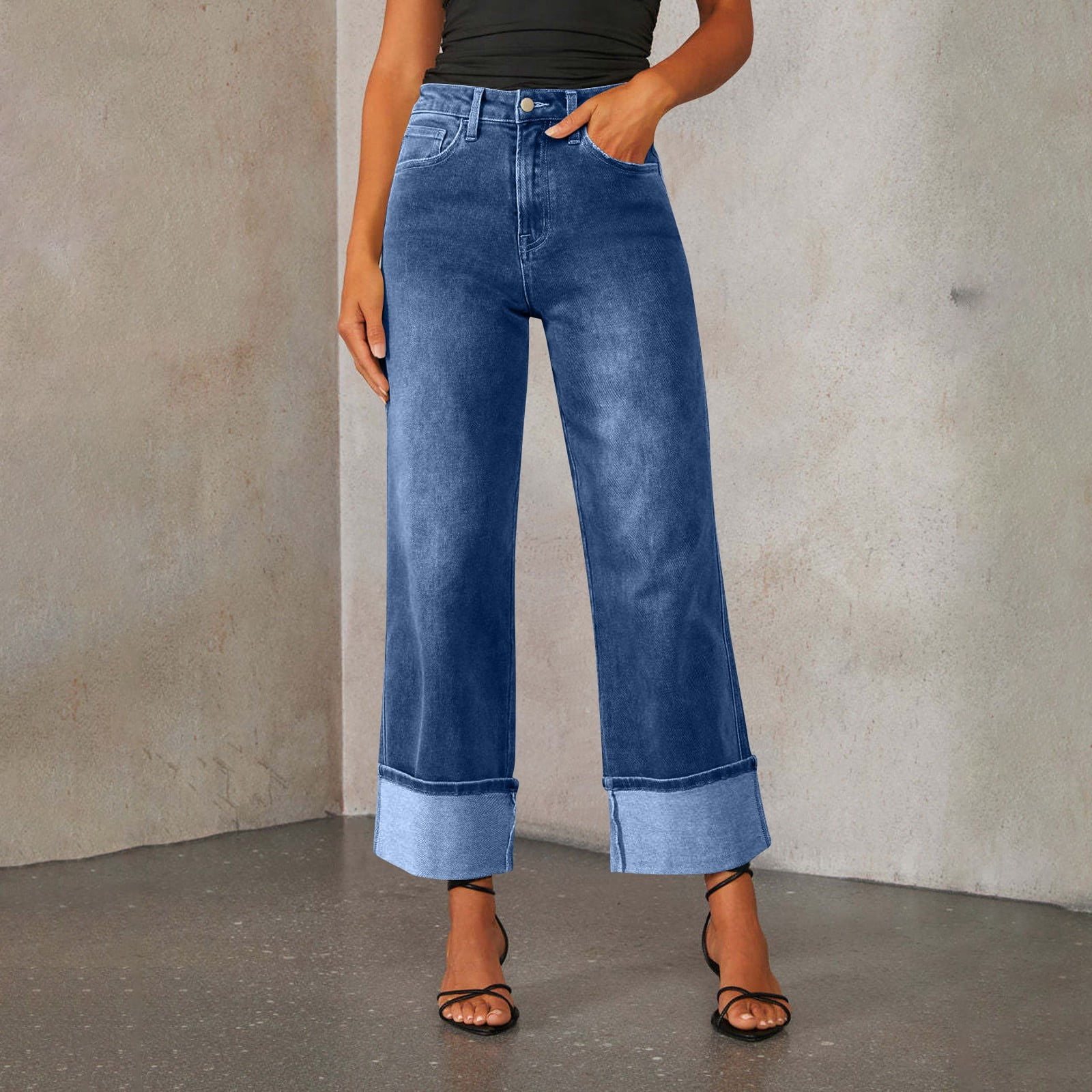 26" Inseam Women's High Waisted Wide Leg Jeans Stretchy Baggy Cuffed ...